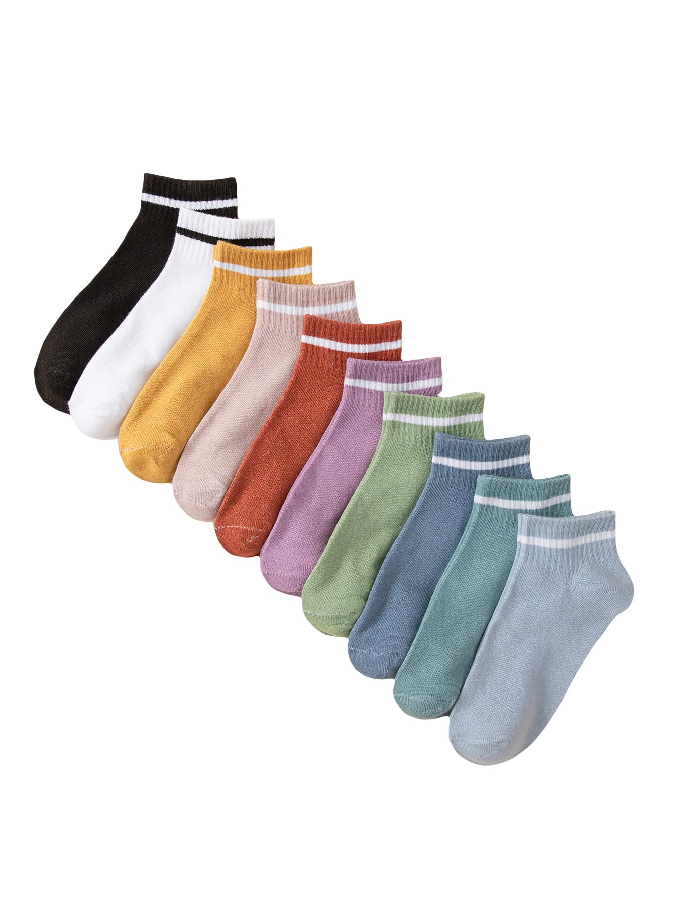 OYOANGLE Women's 10 Pairs Vintage Striped Ankle Socks Athletic Sport Casual Crew Socks Black Green Blue one-size
