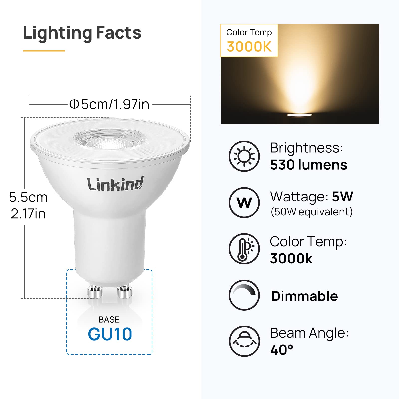 Linkind GU10 LED Bulbs, MR16 GU10 LED Bulbs Dimmable, 50W Equivalent, 530LM 3000k Soft White Track Light Bulbs, 40° Spot Light Track Light Recessed Light Spotlight, UL Listed, 5 Packs