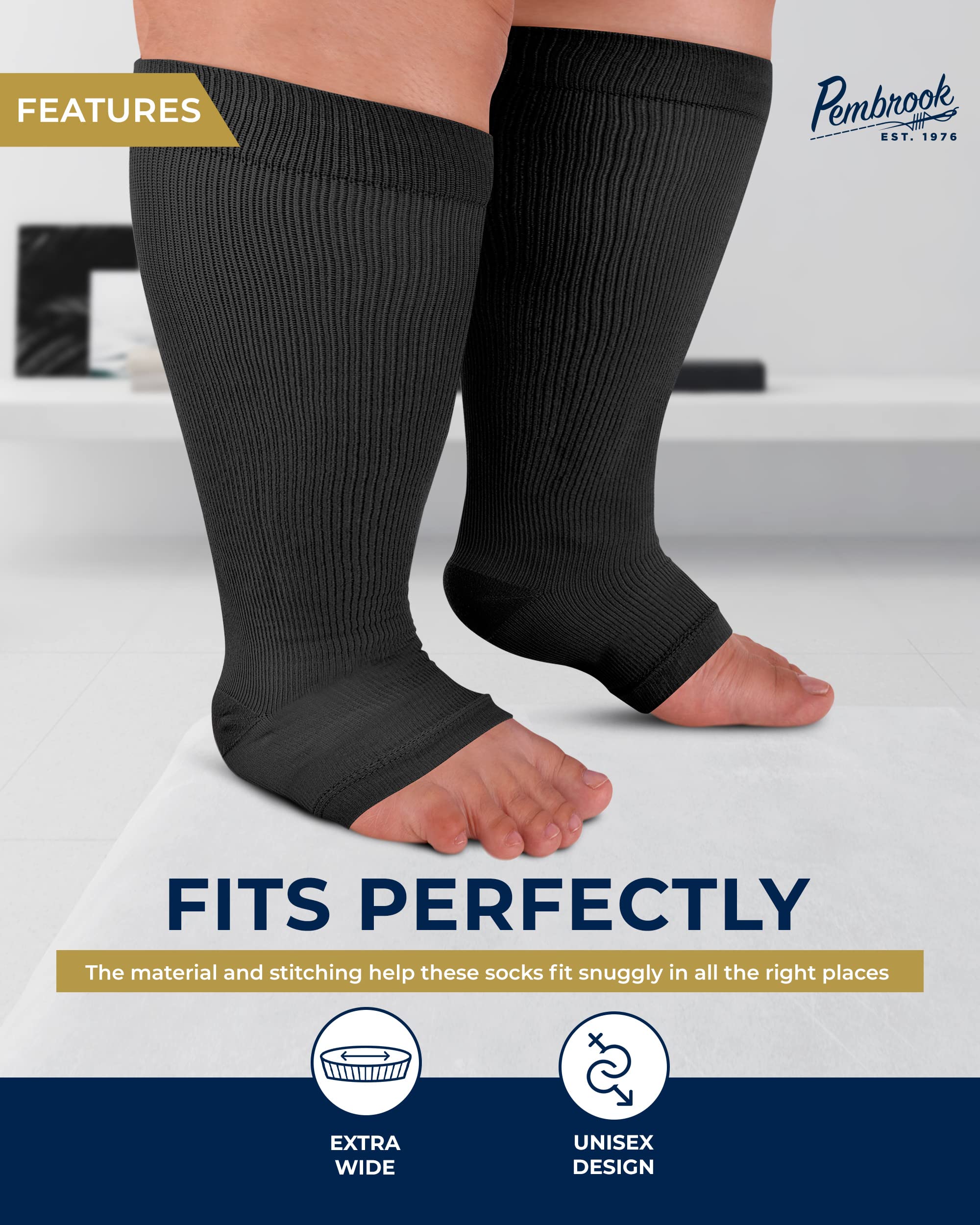 Pembrook Toeless Compression Socks Wide Calf for Women and Men - 20-30mmHg | 6XL Plus Size Compression Socks for Women