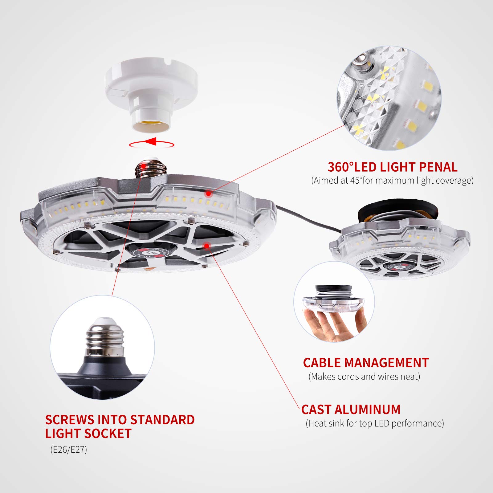 LED High Bay Light,120W Multi- Point Illumination 360° Garage Lighting Ceiling LED Bulb, 12000LM 6500K LED Shop Lights Fixture High Brightness Work Lights for Garage/Attic/Basement/Home/Office …