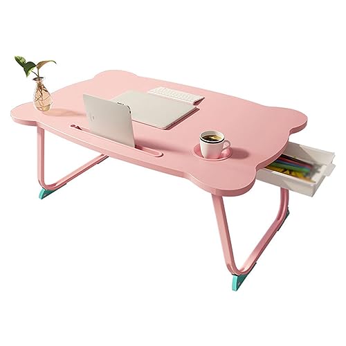 Laptop Bed Desk, Portable Foldable Laptop Bed Table with Storage Drawer and Cup Holder, Foldable Lap Trays for Eating, Writing, Reading and Working (Size: 60×40cm) (Pink