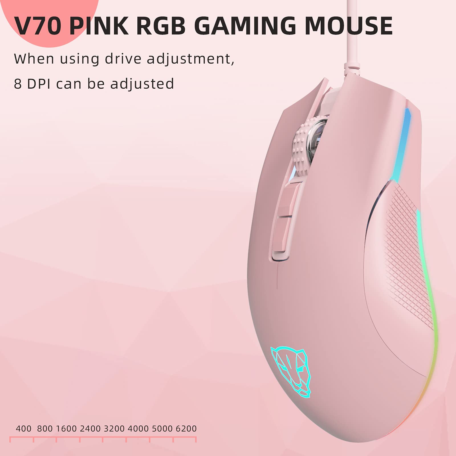 MOTOSPEED V70 USB Wired Gaming Mouse,DPI 6400 ZEUS6400 Optical Sensor,Chorma RGB Backlit,7 Programmable Buttons,Ergonomic PC Gaming Mouse for Laptop, PC, Mac(Pink)