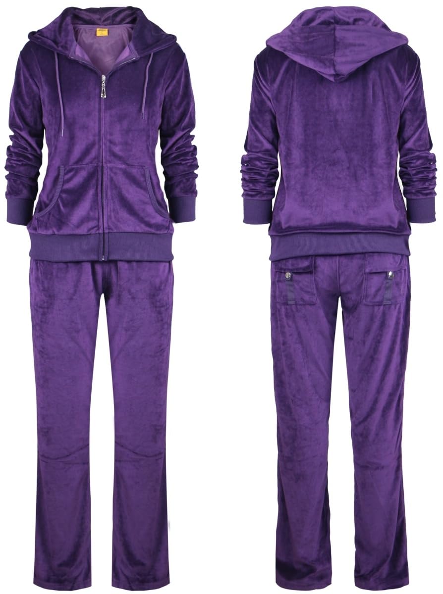 LeeHanTon Women Jogging Suits Sets Velour Outfit Athletic Zip Up Hoodie and Sweatpants Solid Workout 2 Pieces Tracksuit Purple M