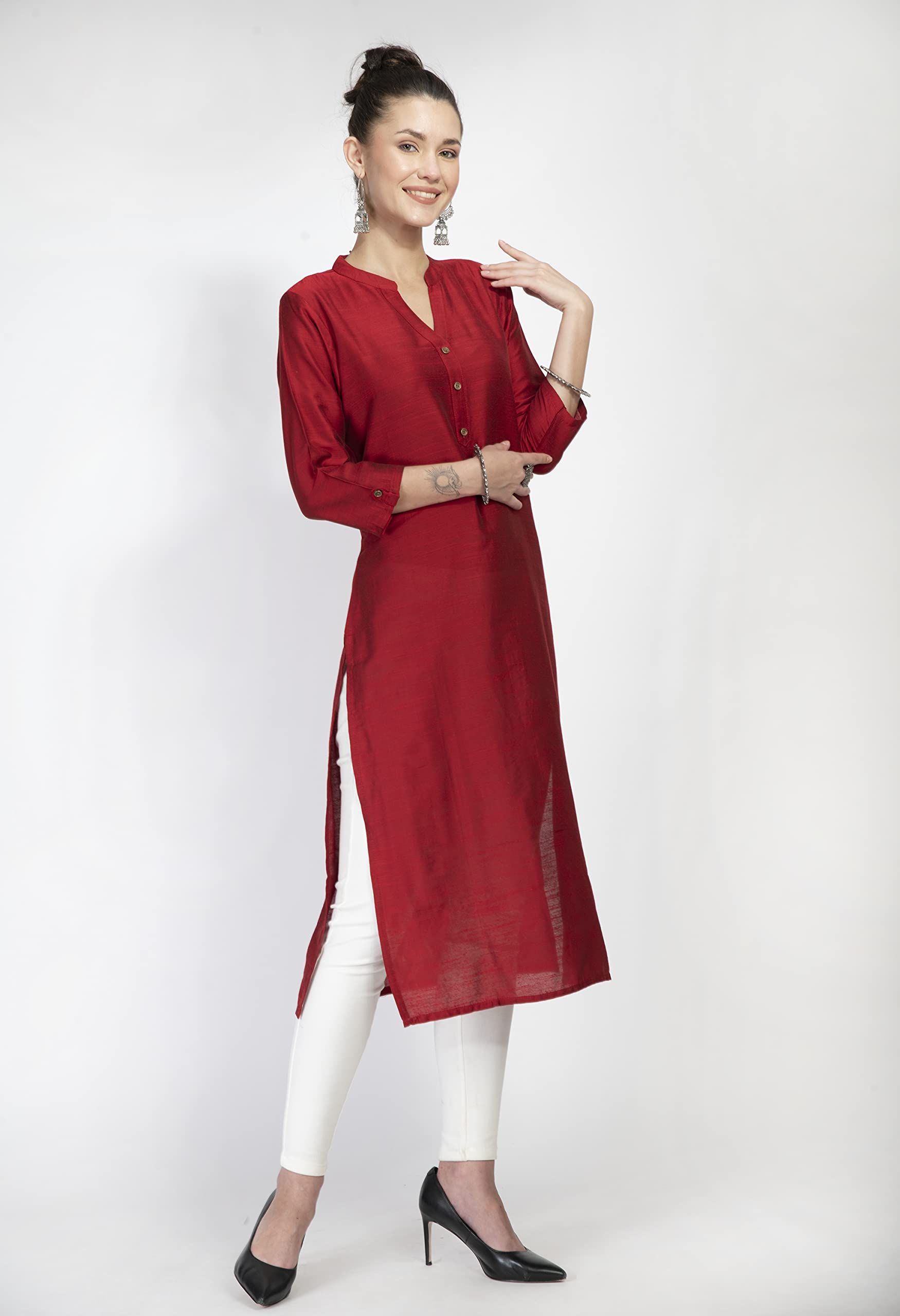 Lagi Women Solid Straight Poly Silk Kurta With Mandarin collar, Maroon (Medium)