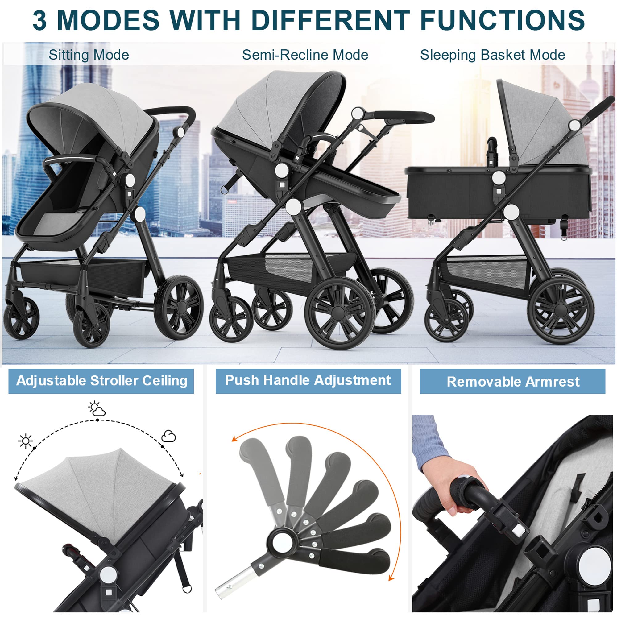 Newborn Infant Baby Bassinet Stroller - Sleeping & Sitting Mode 2 in 1 All Terrain High Landscape Shock Absorption Sunshade Comfortable Baby Toddler Strollers for 0-36 Months Old Babies Light Purple