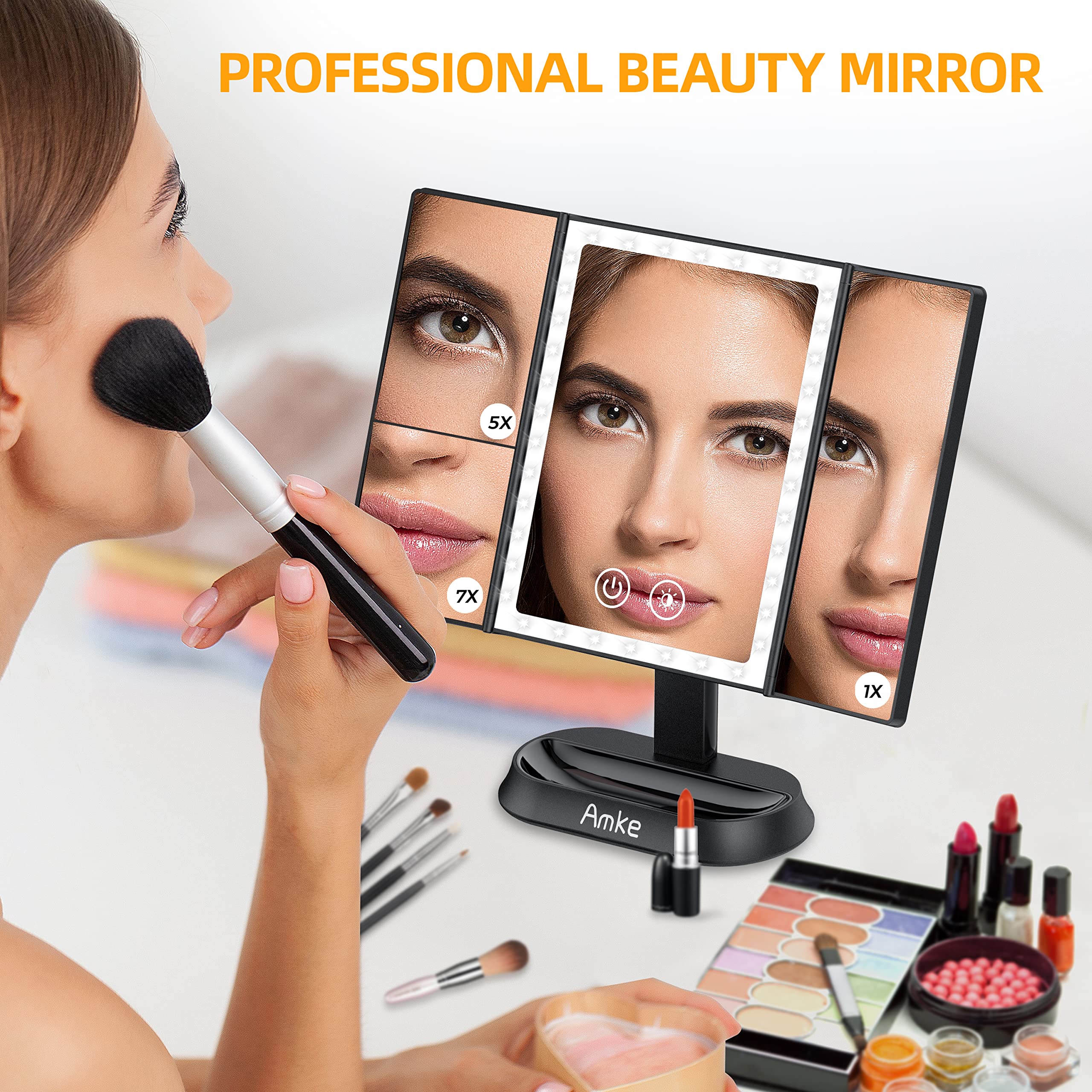 Makeup Mirror with Lights and Magnification, 1X/5X/7X Magnification, Trifold Makeup Mirror, Lighted Makeup Mirror, Smart Touch Screen, Portable Travel Make up Mirror, Women Gift (Black)