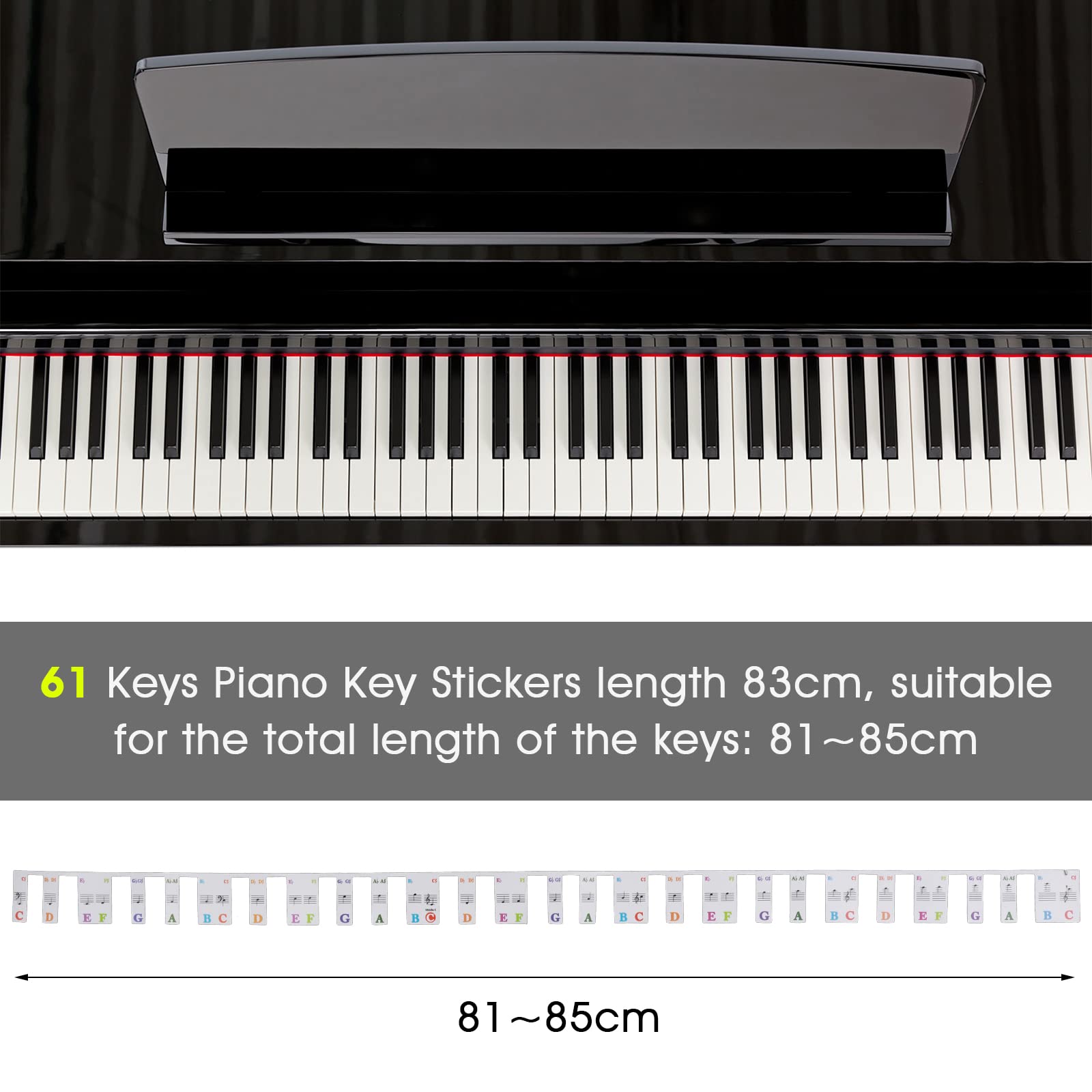 Piano Key Stickers for Beginners Kids,61 Keys 1:1 Full-Size Plastic Paste-Free Piano Keyboard Stickers Removable Piano Keyboard Stickers