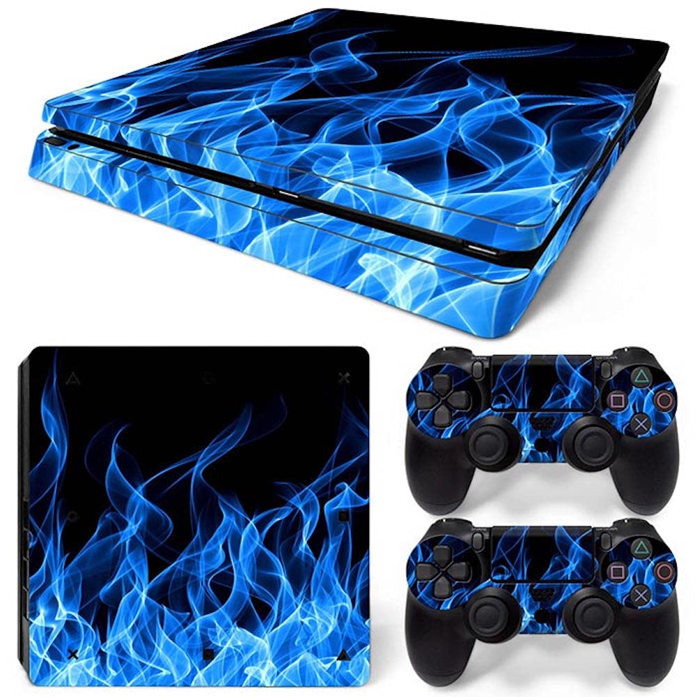 LIZVISION Vinyl Skin Sticker for Playstation 4 Slim,PS4 S Console and Controllers Skins Wrap Vinyl Sticker Decal Cover - Blue Flame