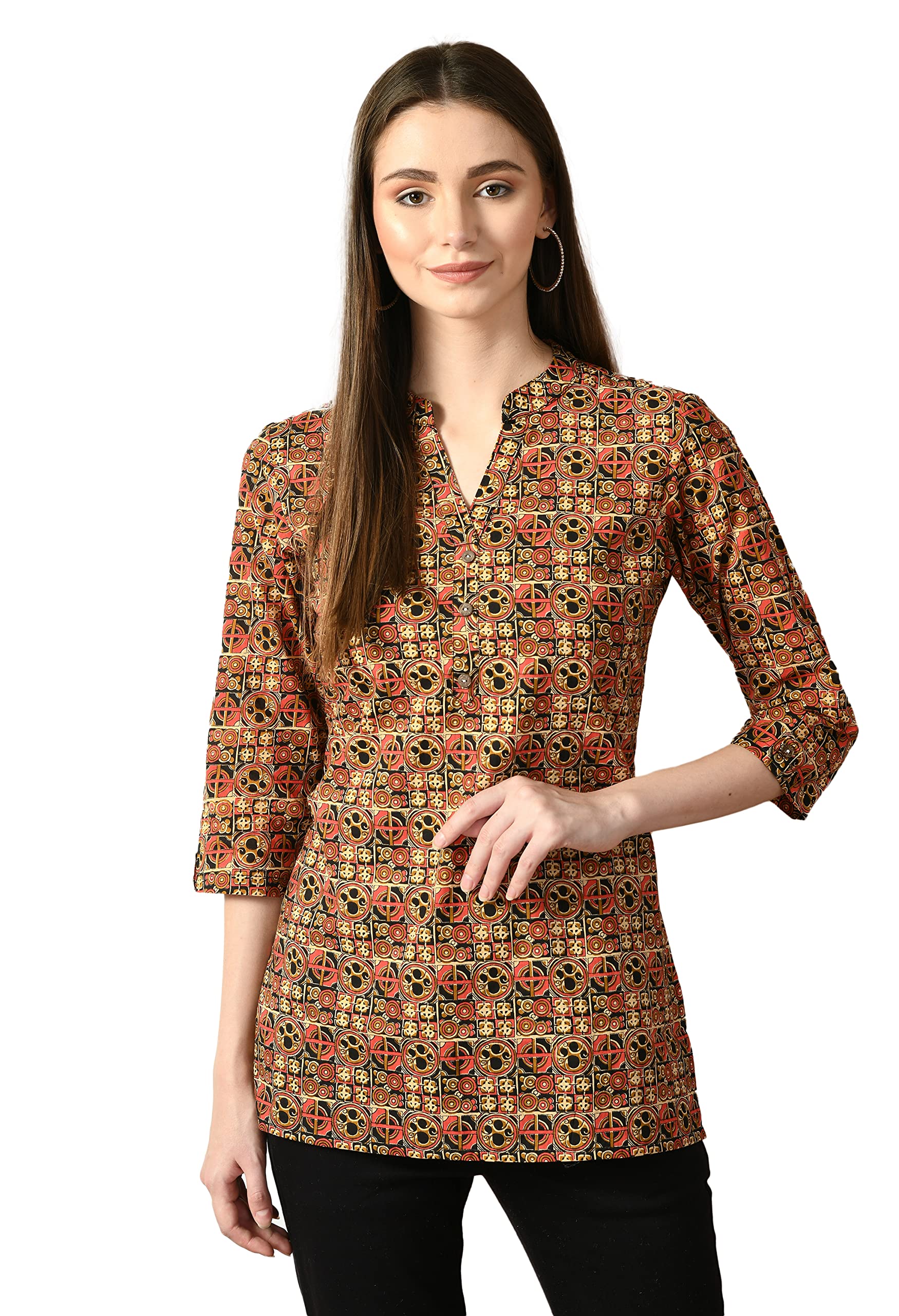 Lagi Women Straight Mandarin Collar 3/4 Sleeves Printed Short Cotton Kurti, Red (S)