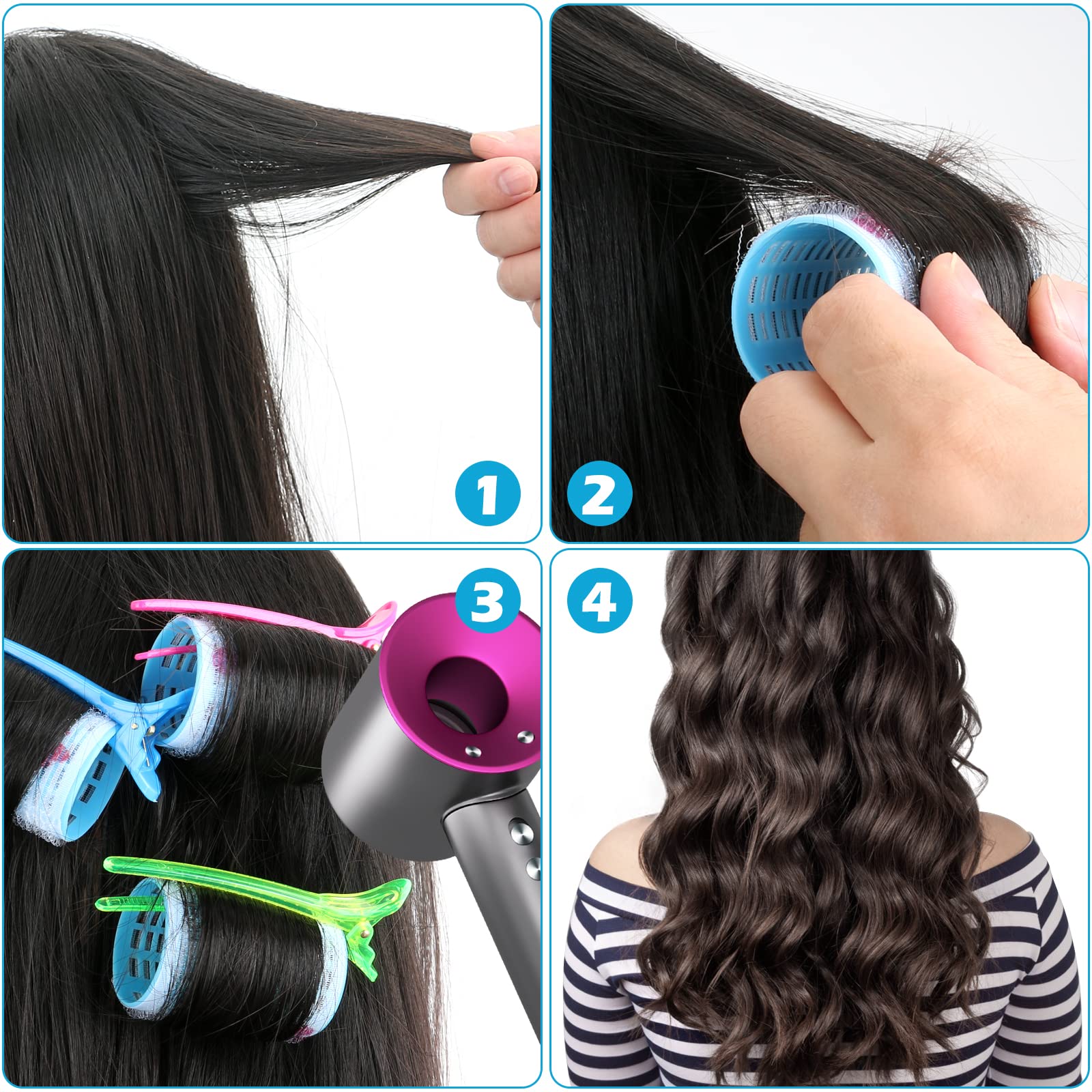 Self Grip Hair Rollers Set,Salon Hair Set, with Lovely Patterned Hair Dressing Curlers (Large, Medium, Small), Folding Pocket Comb, Duckbill Clips, Blue, 25 Piece Set