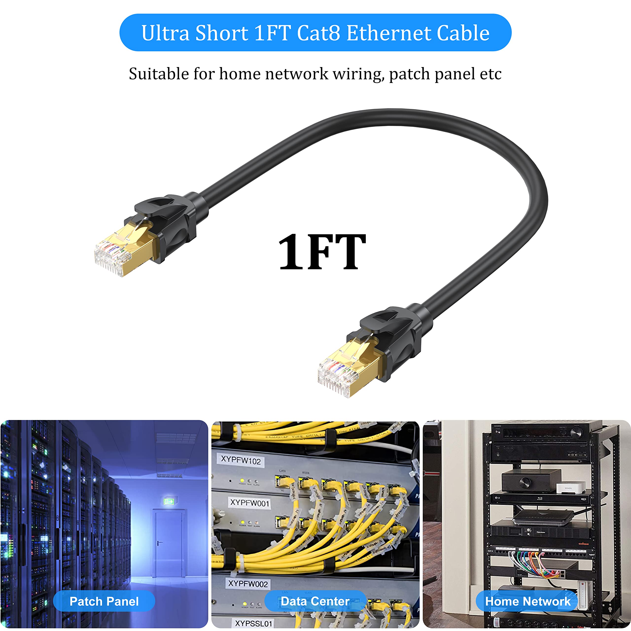 UKYEE Cat8 Ethernet Cable 1FT 2-Pack,High Speed Cat 8 Internet Network Patch Cord Short Cable 40Gbps 2000Mhz for Patch Panel, Home Network, Cable Management, Switches,Router, Modem.