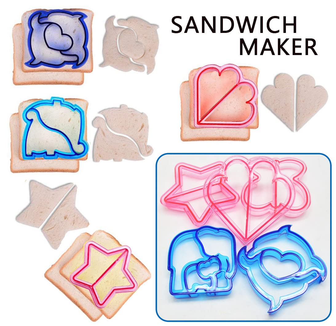 Sandwich Cutter and Sealer, 6 Pcs Bread Decruster Sandwich Cutter Pancake Maker Dinosaur Butterfly Dolphin Heart Puzzle Shape DIY Cookie Sandwich Cutters for Kids Bento Box
