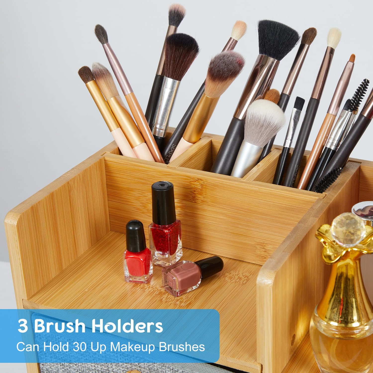 Makeup Organizer Countertop, Cosmetic Skincare Organizers With 3 Makeup Brush Holders/3 Drawers/7 Storage Shelves, Elegant Bamboo Make Up Storage Organizers Holder For Counter Vanity Dresser Bathroom