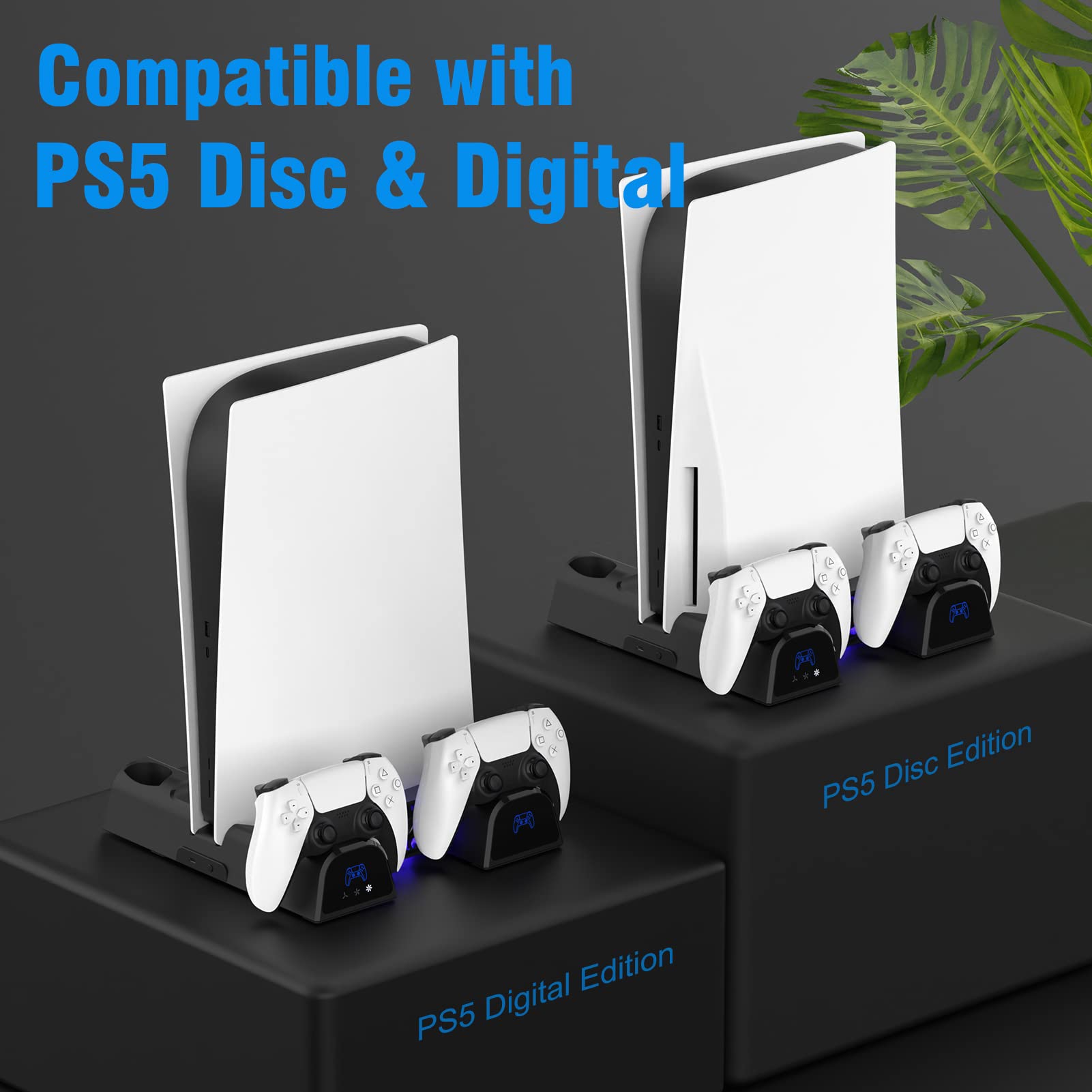 PS5 Cooling Stand with 2 Controller Charger Station and Extra Headset Holder for PS5 Disc & Digital Editions, Dual Controllers Charger, 3-Speed Adjustable Silent Fans, 11 Games Rack Organizer, Black