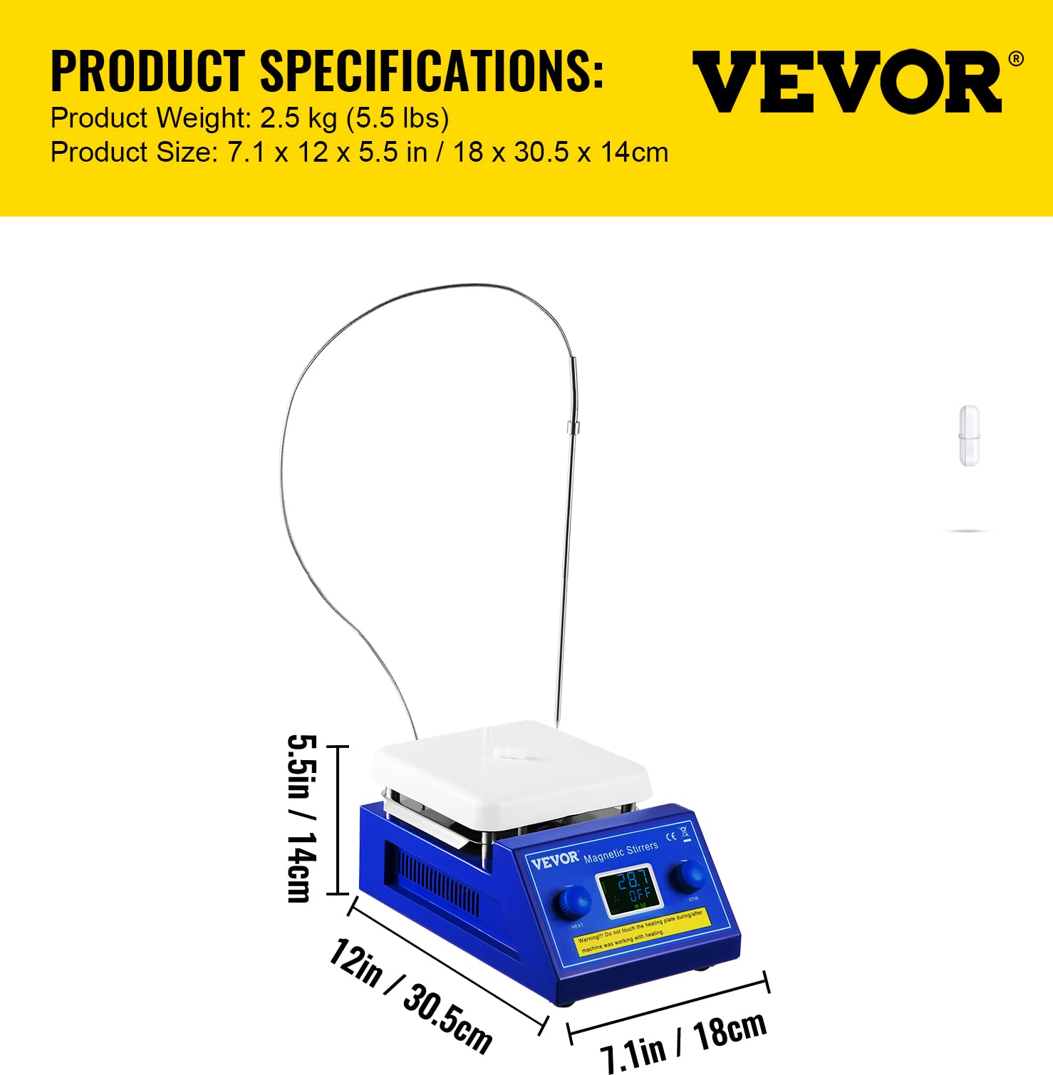 VEVOR Magnetic Stirrer Hot Plate, 5L Capacity Ceramic Coated Hotplate Lab Stirrer 200-2000RPM 608°F/320°C Max Temp Digital Magnetic Stirrer with Temp Probe Sensor and Stirring Bar