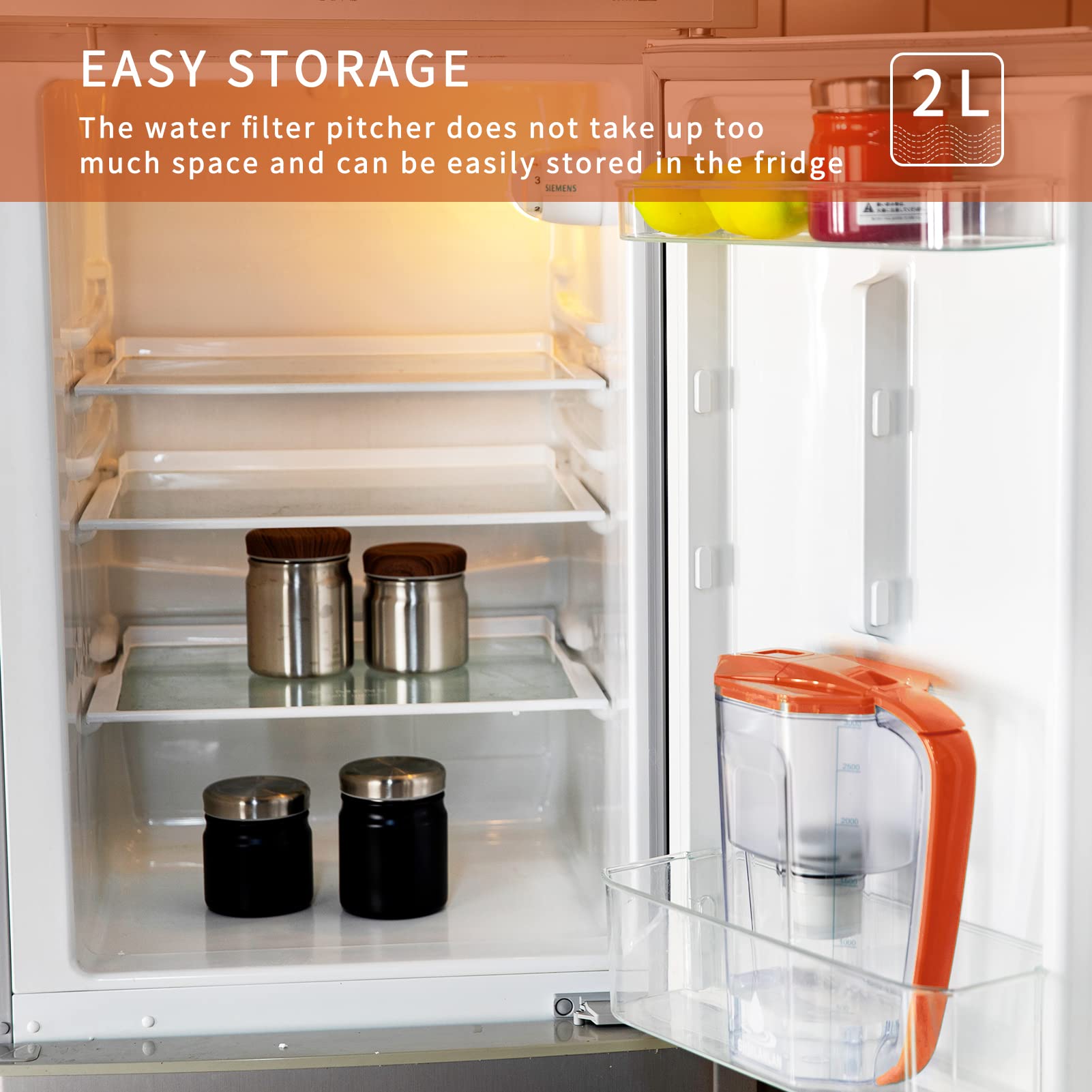 SHUILANLAN Water Filter Pitcher 10 Cup with 2 Filter, Filtered Water Pitcher for Fridge(Orange)