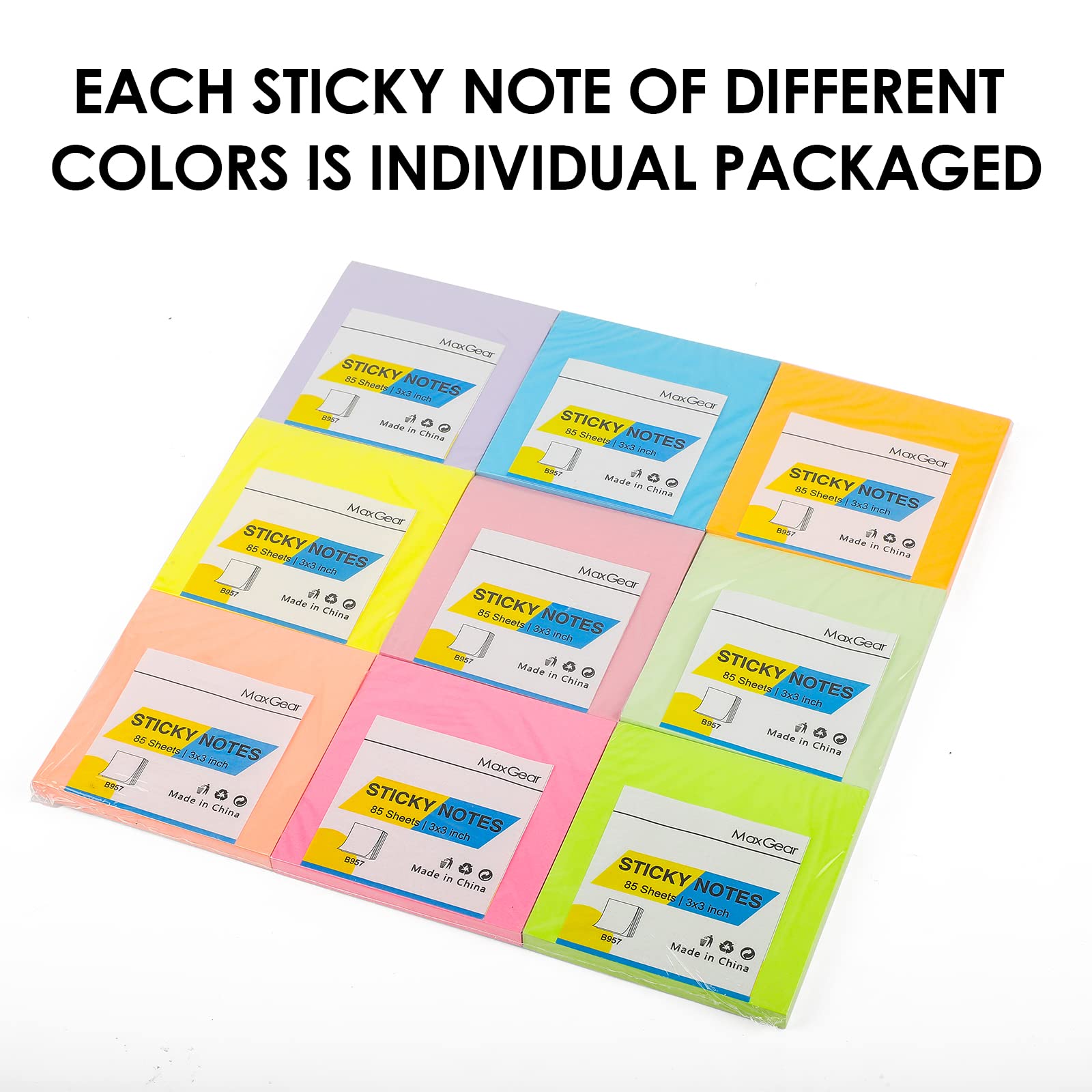 MaxGear 765 Sheets Sticky Notes 3x3, 9 Bright Colored Post It Notes, Strong Adhesive Self-Stick Notes, Leave Reminders Bulk Sticky Notes Pastel on Smooth Surface, 85 Sheets/Pad, 9 Pads