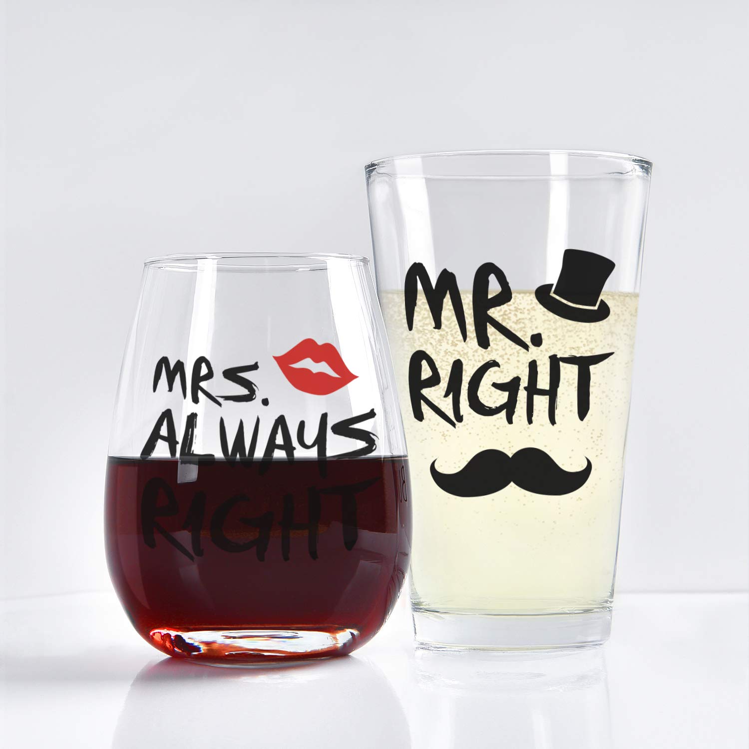 Mr. Right and Mrs. Always Right Wine Glass and Beer Glass Set, Glass Set for Engagement Wedding Anniversary, Couples Newlyweds Wife Husband Mr and Mrs