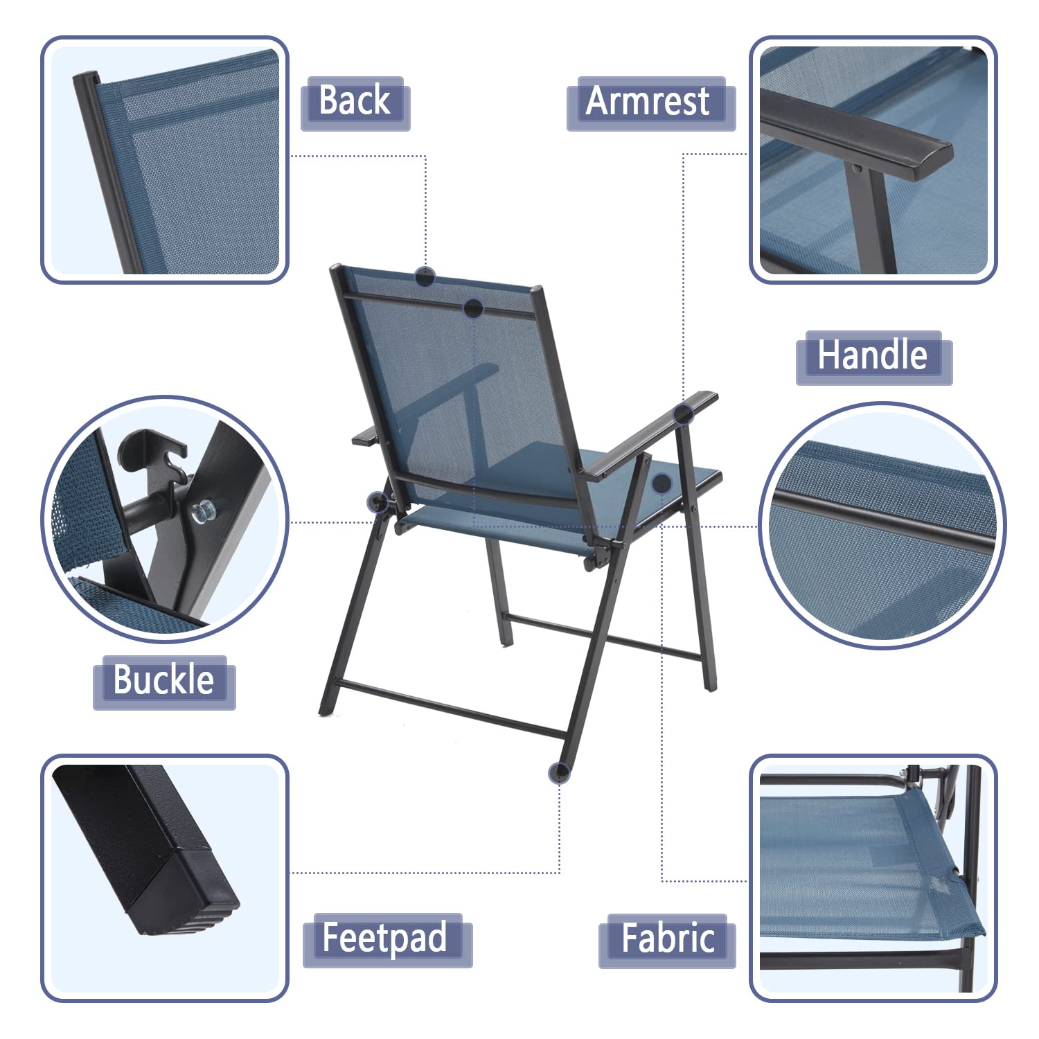 VICLLAX 5 pcs Patio Dining Table and Chairs Set, 4 Outdoor Reclining Folding Sling Chair with Armrest & 1 Square Patio Dining Table with 1.57" Umbrella Hole(Dark Blue/Black)