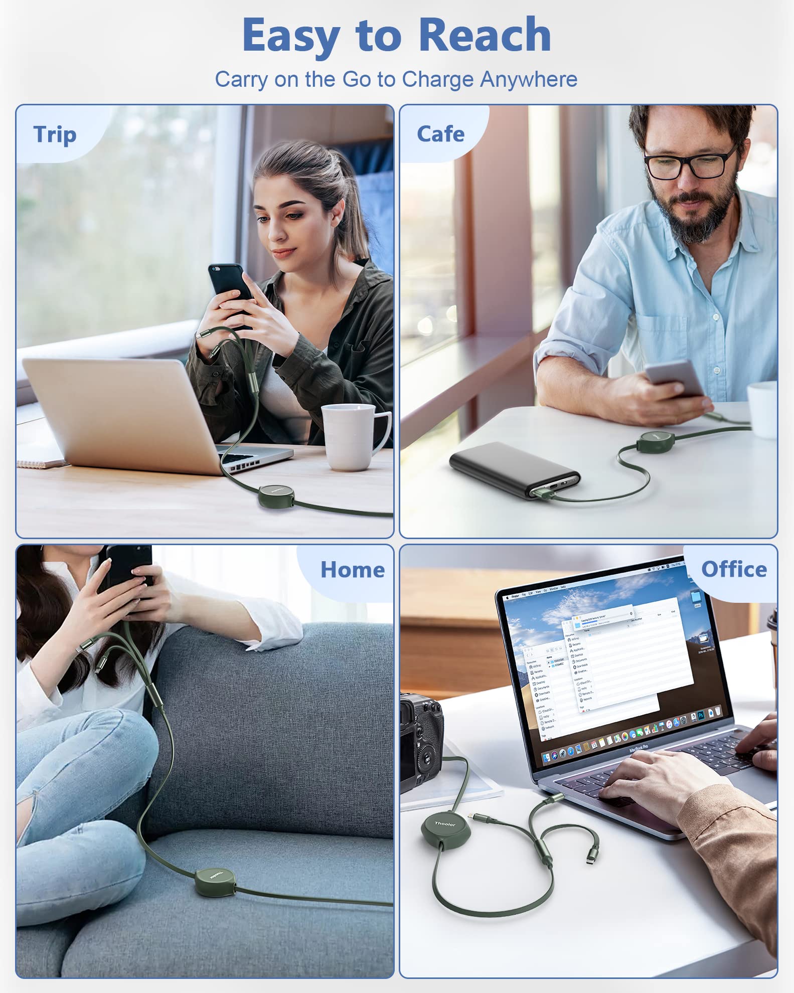 Thoolor Multi Charging Cable 2Pack 4ft 3 in 1 Retractable Cable Fast USB Charger Cord to IP/USB-C/Micro-USB Port for Phone 13 12 11 Xs Xr X 8 7/Tablets/Android/Samsung Galaxy 20 S10 S9 S8/Sony/LG/HTC
