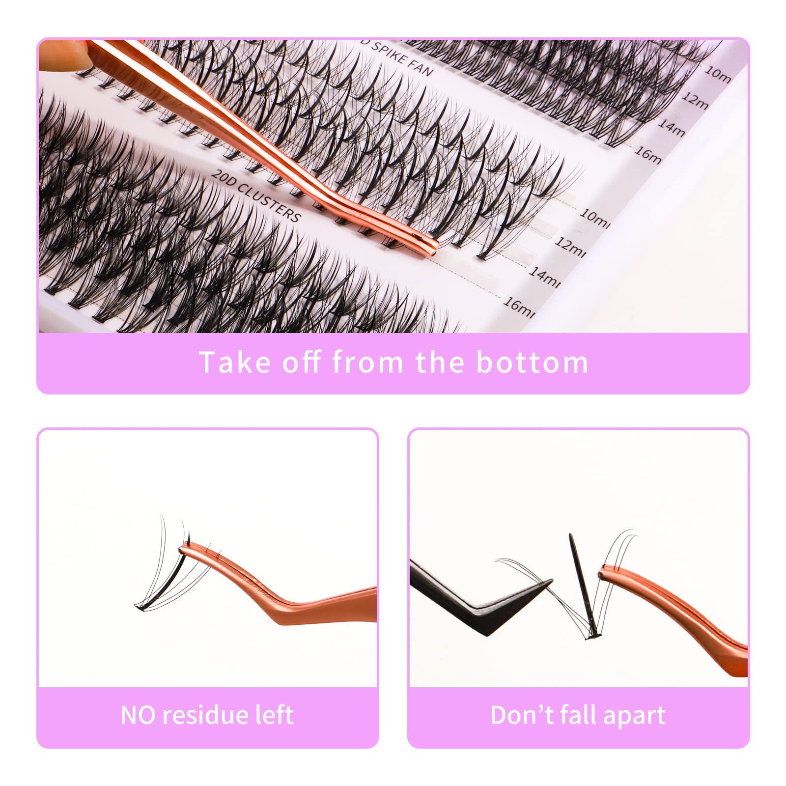 VEYES INC Individual Lash Clusters Mixed Tray 5/6/10/12/14/16mm, DIY Eyelash Extensions at Home, Wispy Lashes for Beginners, Bottom/Light volume/7D Spike/20D Clusters