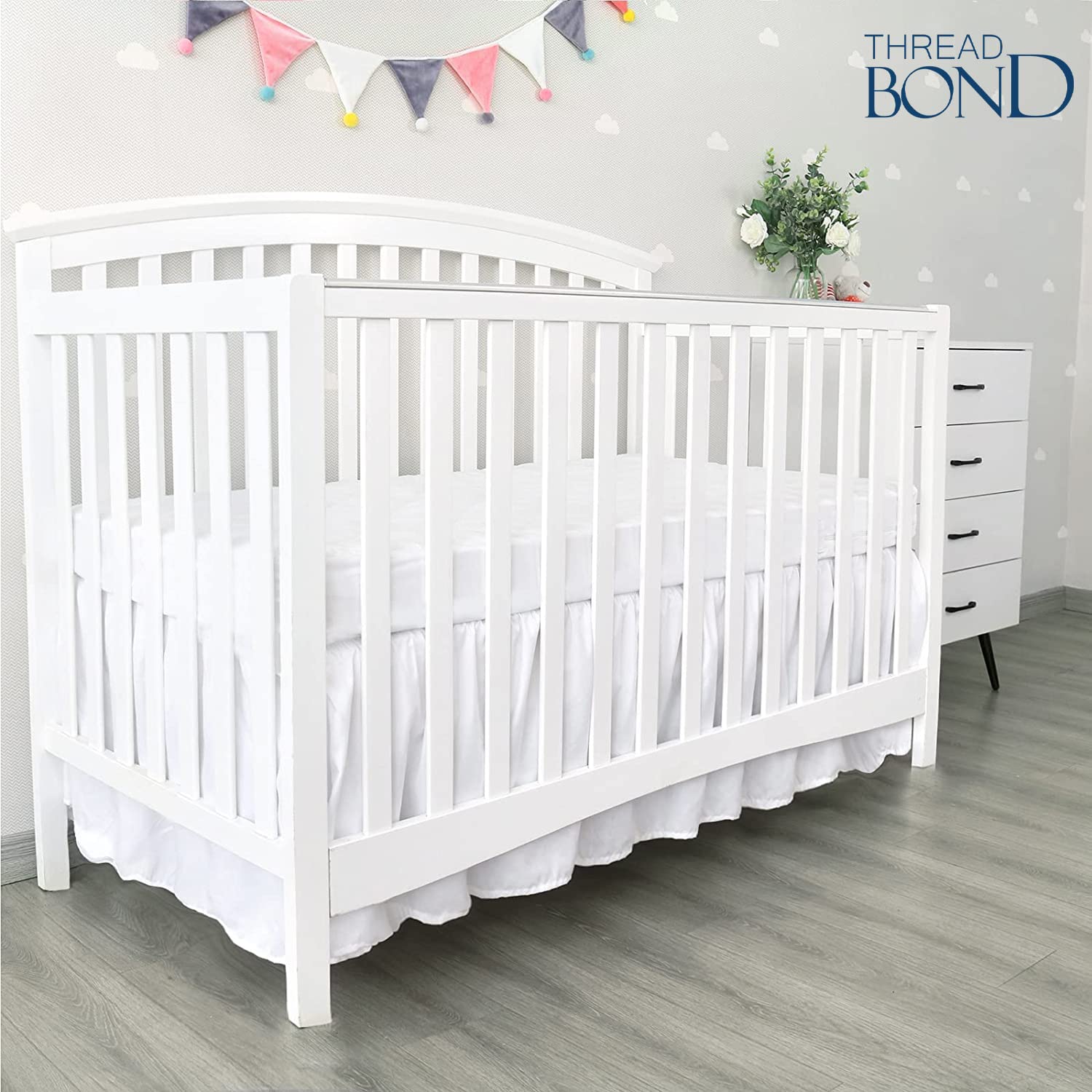 Thread Bond Crib Skirt 100% Microfiber-Durable Elegance for Baby Boys & Girls -Beautiful Ruffles for a Charming Finish -Soft Breathable-Easy On & Off Pleated with a 14β Drop (White Solid)
