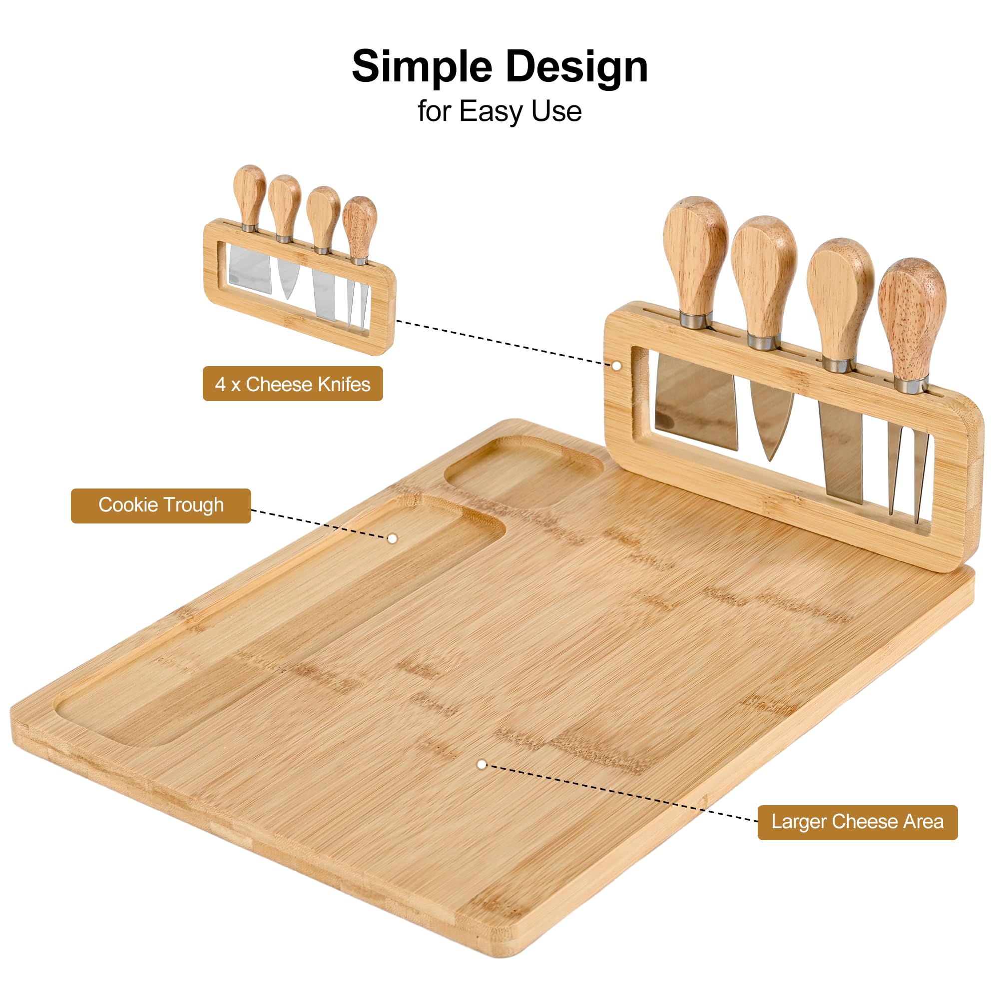 Lexda Bamboo Cheese Board and Knife Set - 14” x 11” Large Charcuterie Boards Set, Cheese Tray Platter Servers with Clasp Knife Holder, Gift for Anniversary, Housewarming, Christmas, Thanksgiving