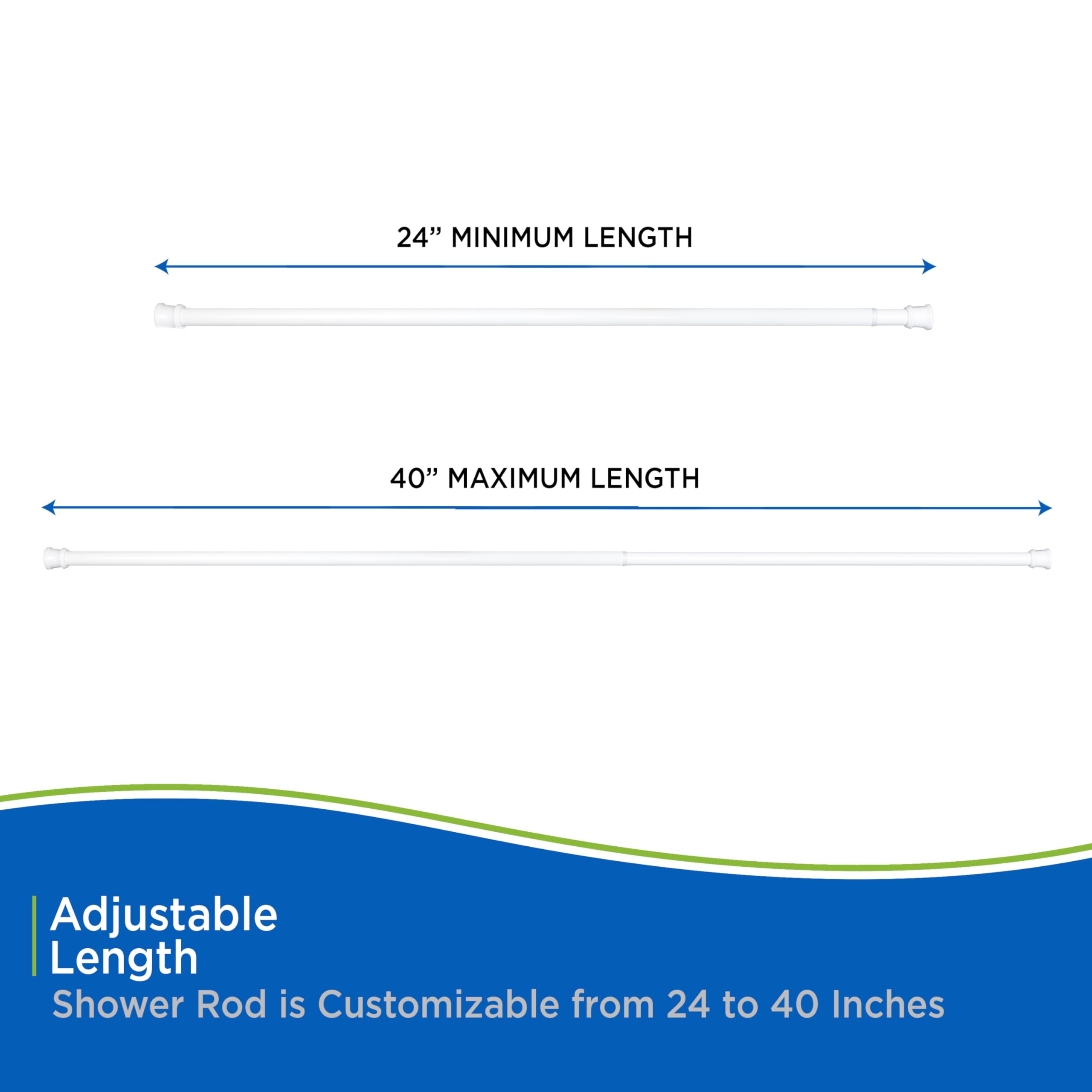Kenney KN607C/10 Twist & Fit No Tools Camlock Tension Easy Install Stall Shower Curtain Rod with Non-Slip, Non-Scratch Ends, 24-40" Adjustable Length, White, 1" Diameter Rust Resistant Steel Tube