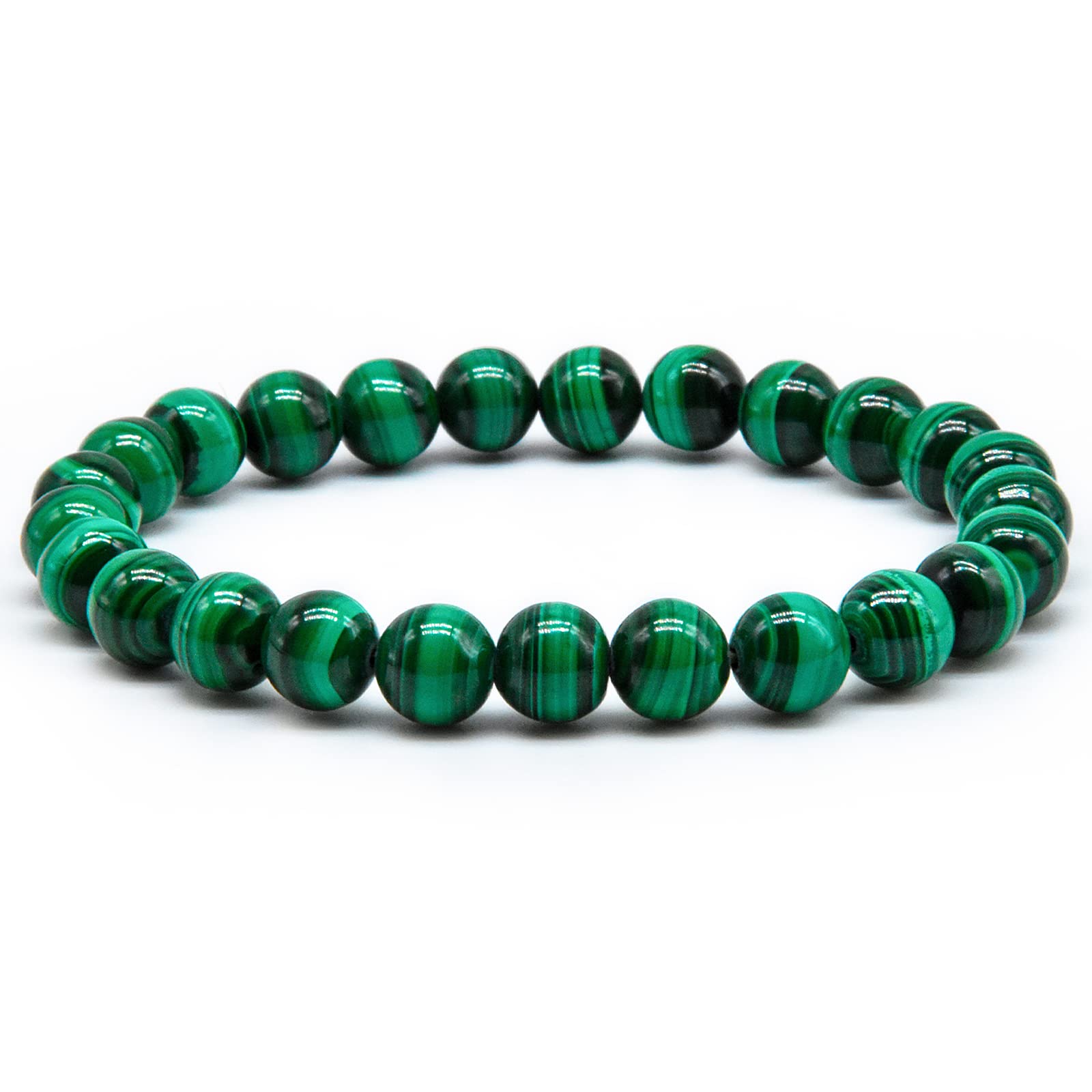 Rose&Poem Natural Malachite Bracelet, Handmade Gemstone Beaded Stretch Bracelets, 8mm Crystal Beads Semi-Precious Jewelry