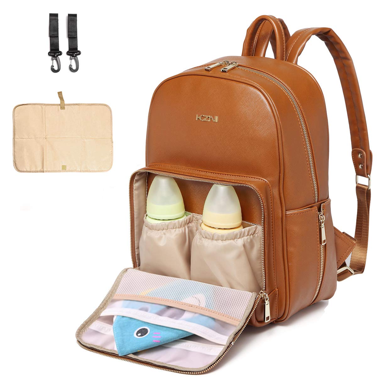 KZNI Leather Diaper Bag Backpack - Nappy Bag Baby Bags for Mom Unisex Maternity Diaper Bag with Stroller Hanger|Thermal Pockets|Adjustable Shoulder Straps|Water Proof| LargeCapacity(Brown)