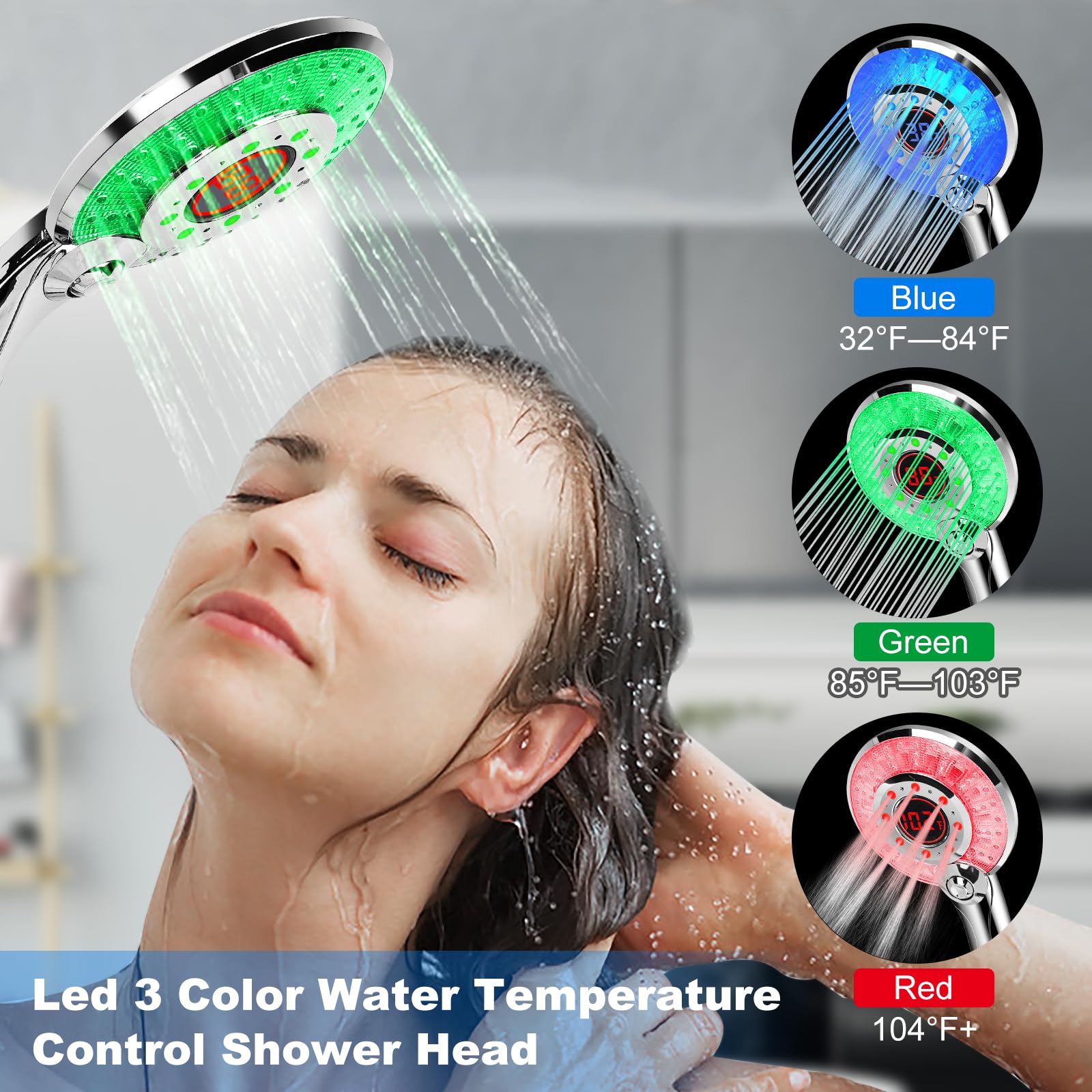 LED Shower Head Color Changing, Handheld Shower Head High Pressure with Hose, Water Saving Spray Showerheads, Discoloration Warning, Water Temperature Display, 3 Spray Modes, Easy to Install, Chrome