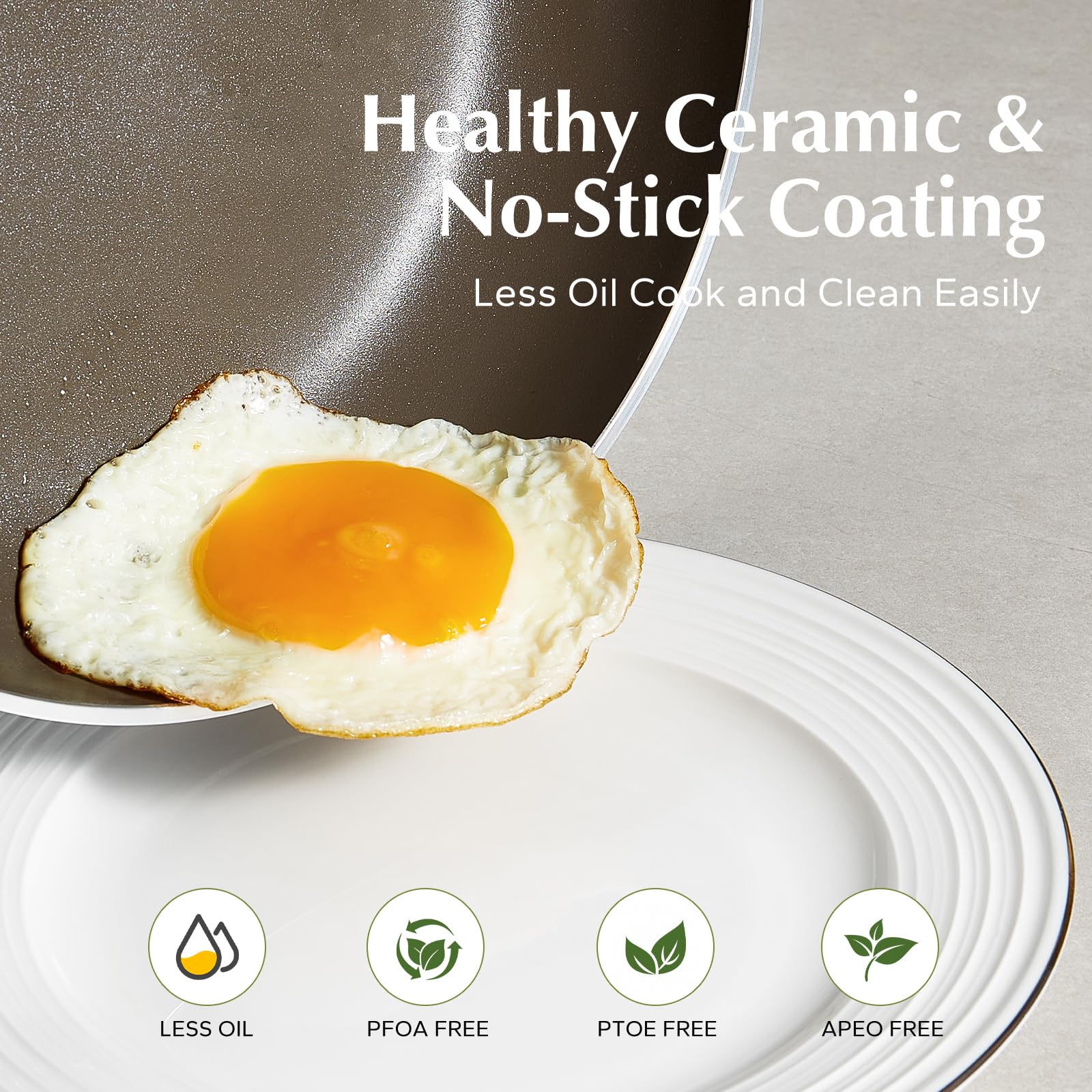 ROCKURWOK Non Stick Frying Pans Ceramic Pan, 3-Piece Set Cooking Pan with Stainless Steel Handle, 8" &10" and 12" Pan - Free of PFAS, PTFE, PFOA, Dishwasher Safe, Oven Safe