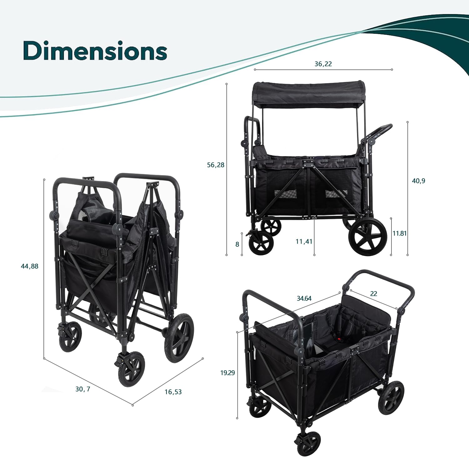 Luxury Tandem Stroller Wagon Stroller Folding Wagon Push-Pull Stroller Four-Wheel Trolley for 4 Kids with 5-Point Harnesses Safety Belt,Detachable Seats,Removable Canopy,Double Push bar for 1-5y+
