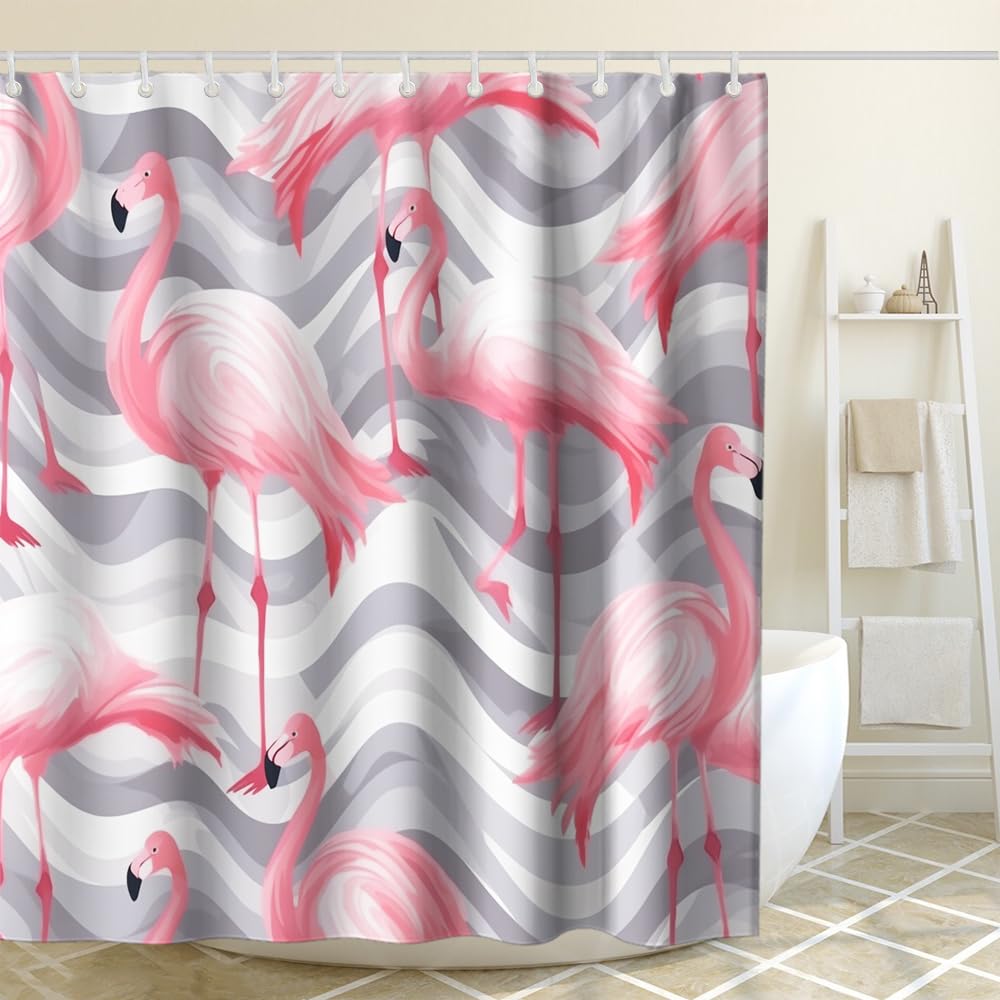 LAlifeasy Flamingo Shower Curtain Tropical Birds Grey and White Abstract Theme Bathroom Decor Sets with Hooks Waterproof 72 x 72 inches Pink Grey White