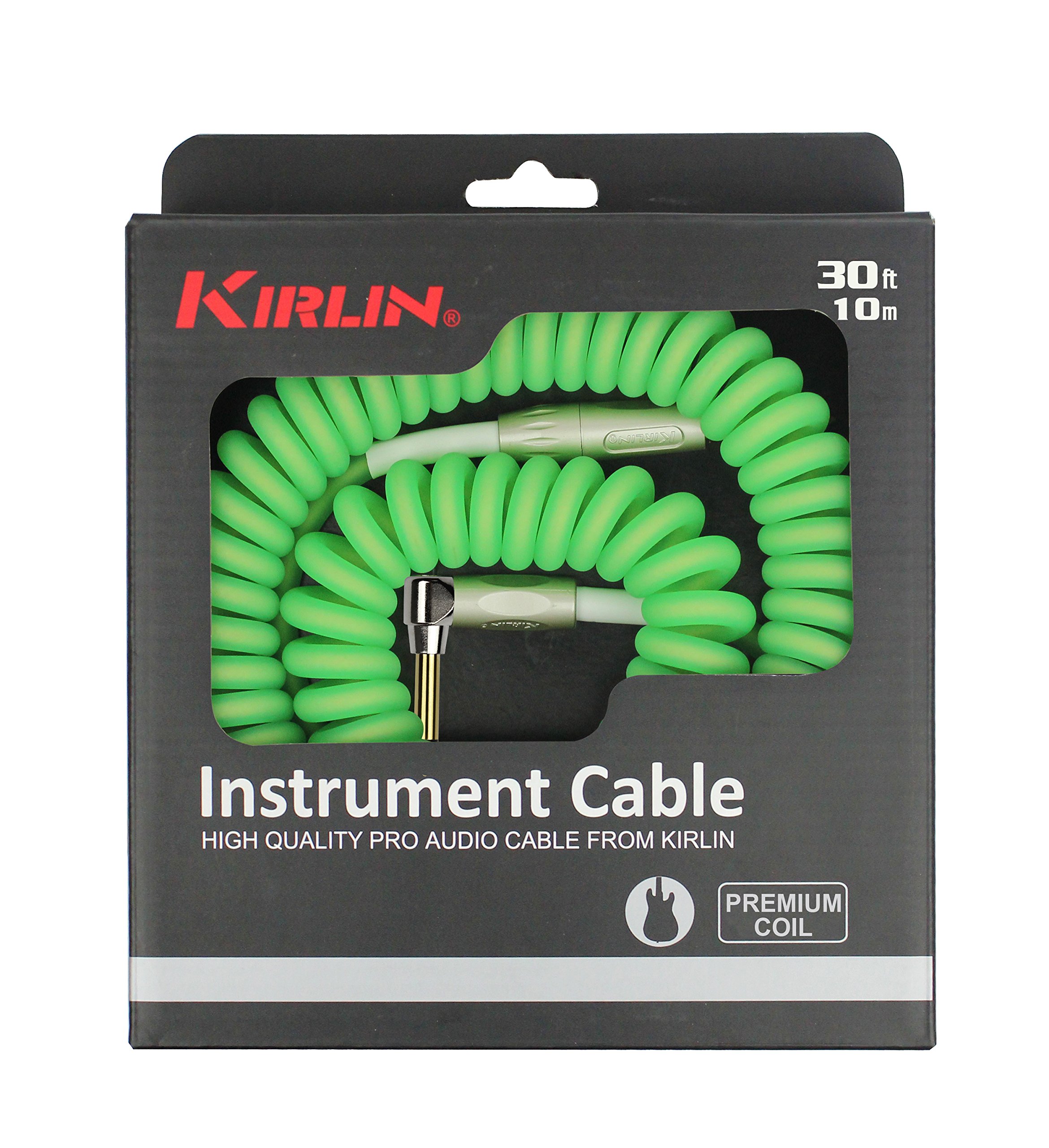 KIRLIN Cable Kirlin IMK-202PFGL-30/GRF-Straight to Right Angle ¼” Premium Coil Instrument Cable, Green Translucent PVC Jacket-30ft, 1/4" Mono Plug, (IMK-202PFGL-30/GRF)