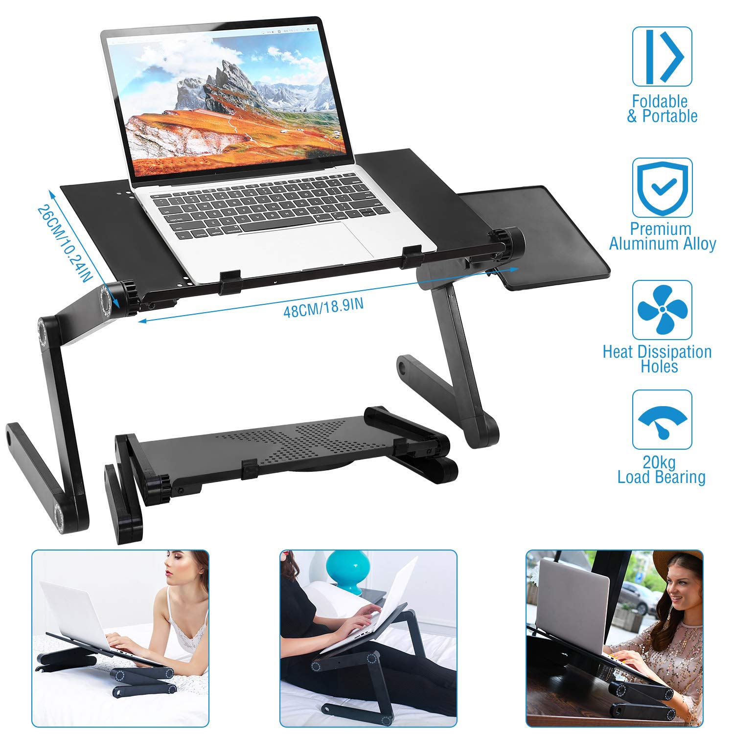 KOCASO Adjustable Laptop Stand, Aluminum Portable Laptop Table for up to 21" Laptops with Mouse Pad, Ergonomic Laptop Holder Computer Lap Desk Tray Standing for Couch TV Bed Sofa Office Students Gift