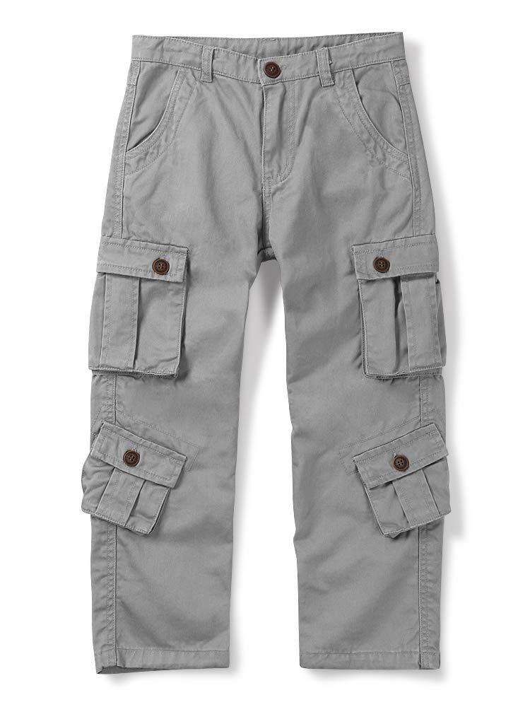OCHENTA Boys Cargo Pants 8 Pockets Casual Hiking Scout Slacks Light Grey Tag 170-11-12 Years
