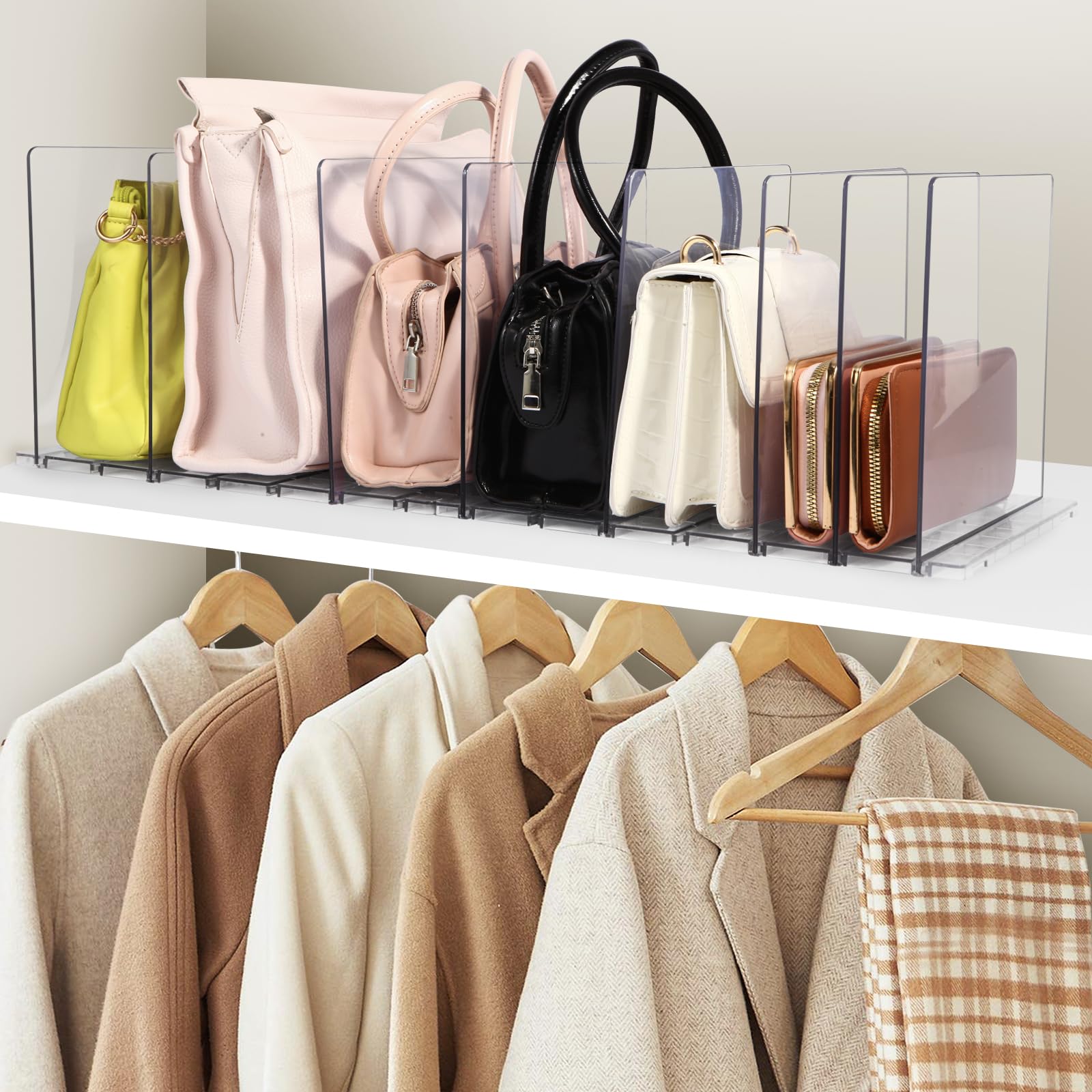 Vozoka Purse Organizer for Closet, Closet Organizers and Storage, 8 Pack Adjustable Acrylic Clear Shelf Dividers for Closet Organization, Handbag Storage Organizer for Books, Clothes, Wallet, Bags