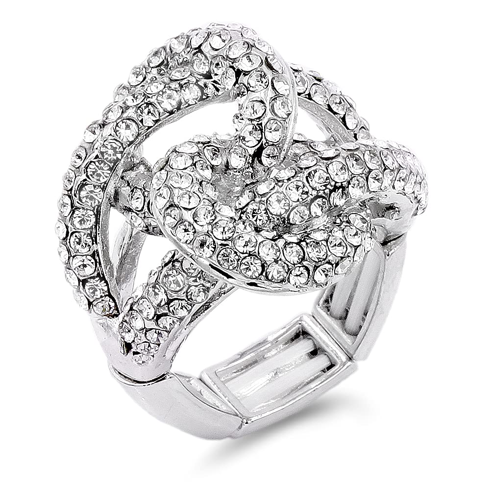 Lavencious 2 Circles Linked Design with Crystals Stretch Rings Statement Rings Free Size for Women (Silver)