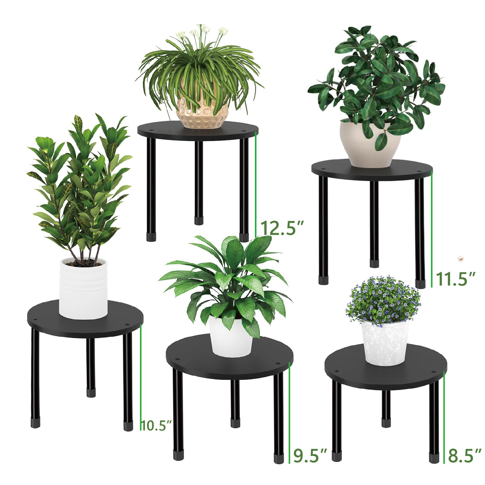 Simple Trending 5 Pack Stackable Plant Stand Indoor Outdoor, Sturdy Wood Flower Pots Stand Shelf, Heavy Duty Metal Plant Holder for Multiple Plant, Black