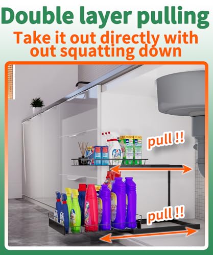 ZJSYMZY Under Sink Organizer,2 Tier Sliding Under Cabinet Storage,Heavy Load Carbon Steel Under Sink Storage for Kitchen Bathroom