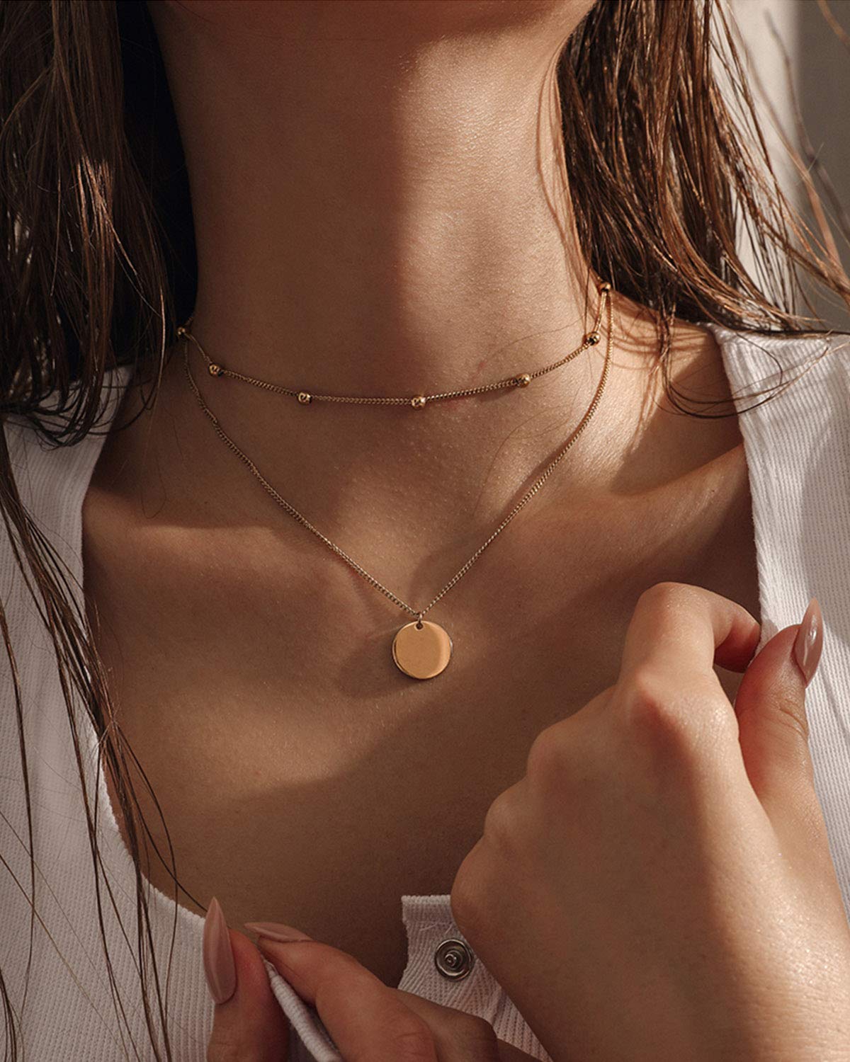 Legitta Disc Coin Charm Pendant Collar Necklace Layering Titanium Chain Layered Choker Rose Gold for Women