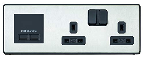 MK Dimensions 2 Gang Combi Switch Socket Brushed Stainless Steel Finish with a Black Trim Multimedia Plate with Left Side Euro Frame