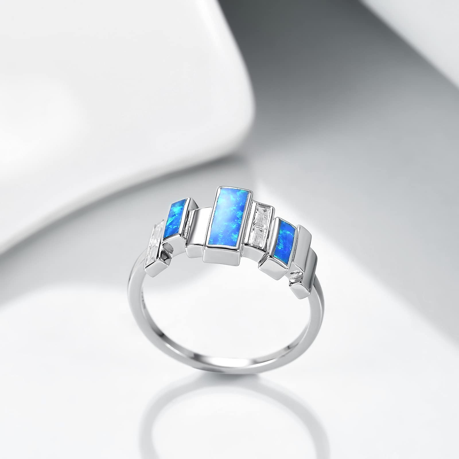 POTOPYY Blue Fire Opal Ring for Women S925 Sterling Silver Created Opal Jewelry Gift, Size 9