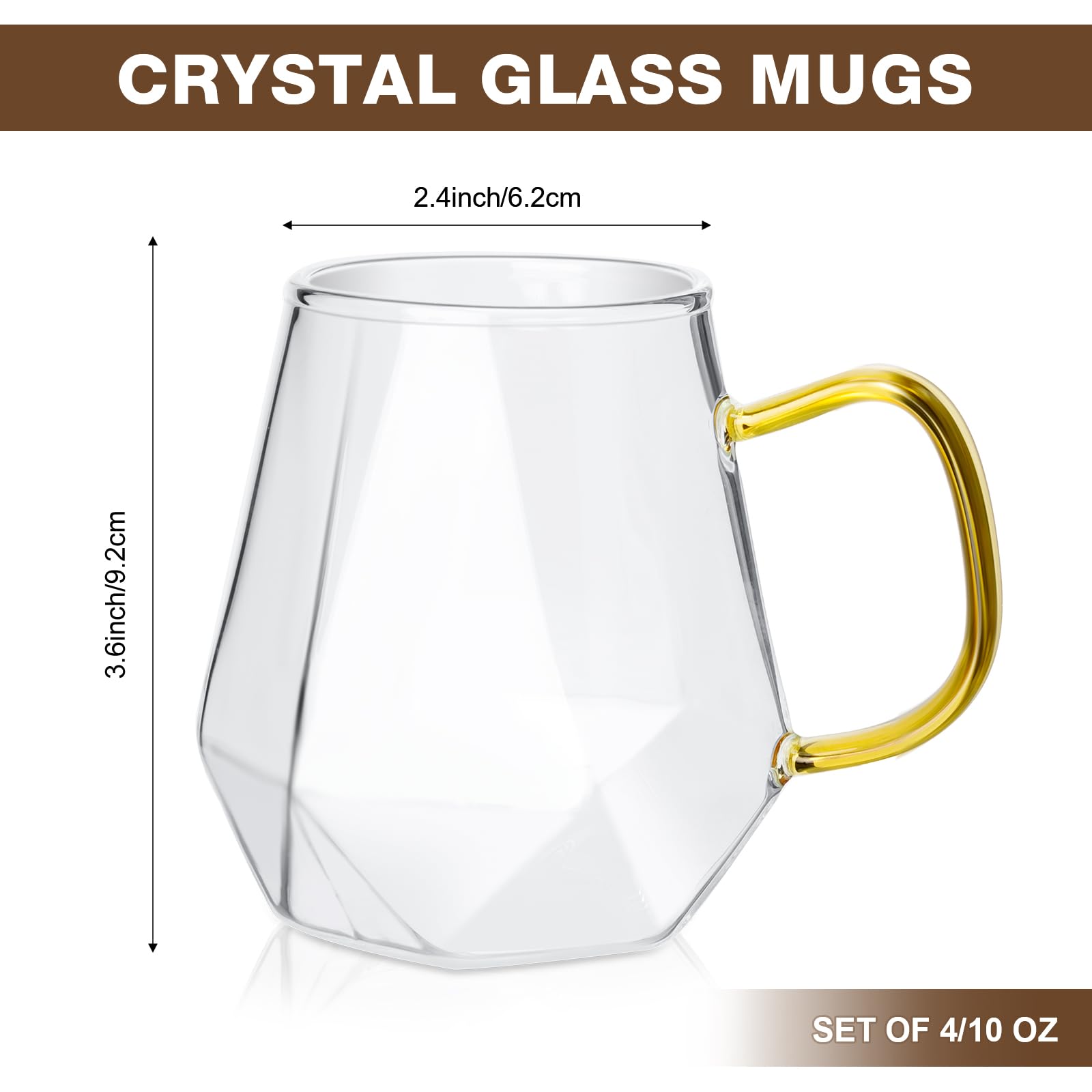 Patelai 4 Pieces Glass Coffee Cups with Handle, 10 oz Glass Clear Coffee Mugs for Hot Espresso Liquor, Microwave Safe Tea Cups Glass Set Gift, Diamond Design(4 Pieces)
