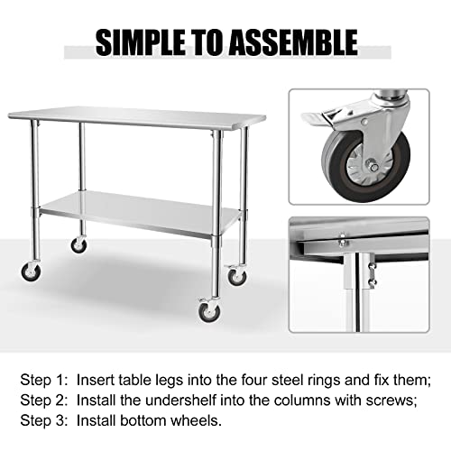 KODOM Food Prep Stainless Steel Table 36" x 18", Heavy Duty Workbench with Adjustable Under Shelf, Commercial Worktable with 4 Casters for Commerical Kitchen, Restaurant, Home and Hotel