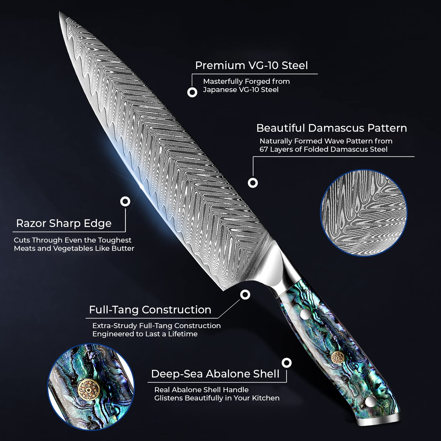 SENKEN Damascus Steel Kitchen Knife Set - Umi Collection - 67-Layer Japanese VG10 Steel, Real Deep-Sea Abalone Shell Handle, Chef's Knife, Santoku, Paring, Fillet, Utility (5-Piece Damascus Knife Set)