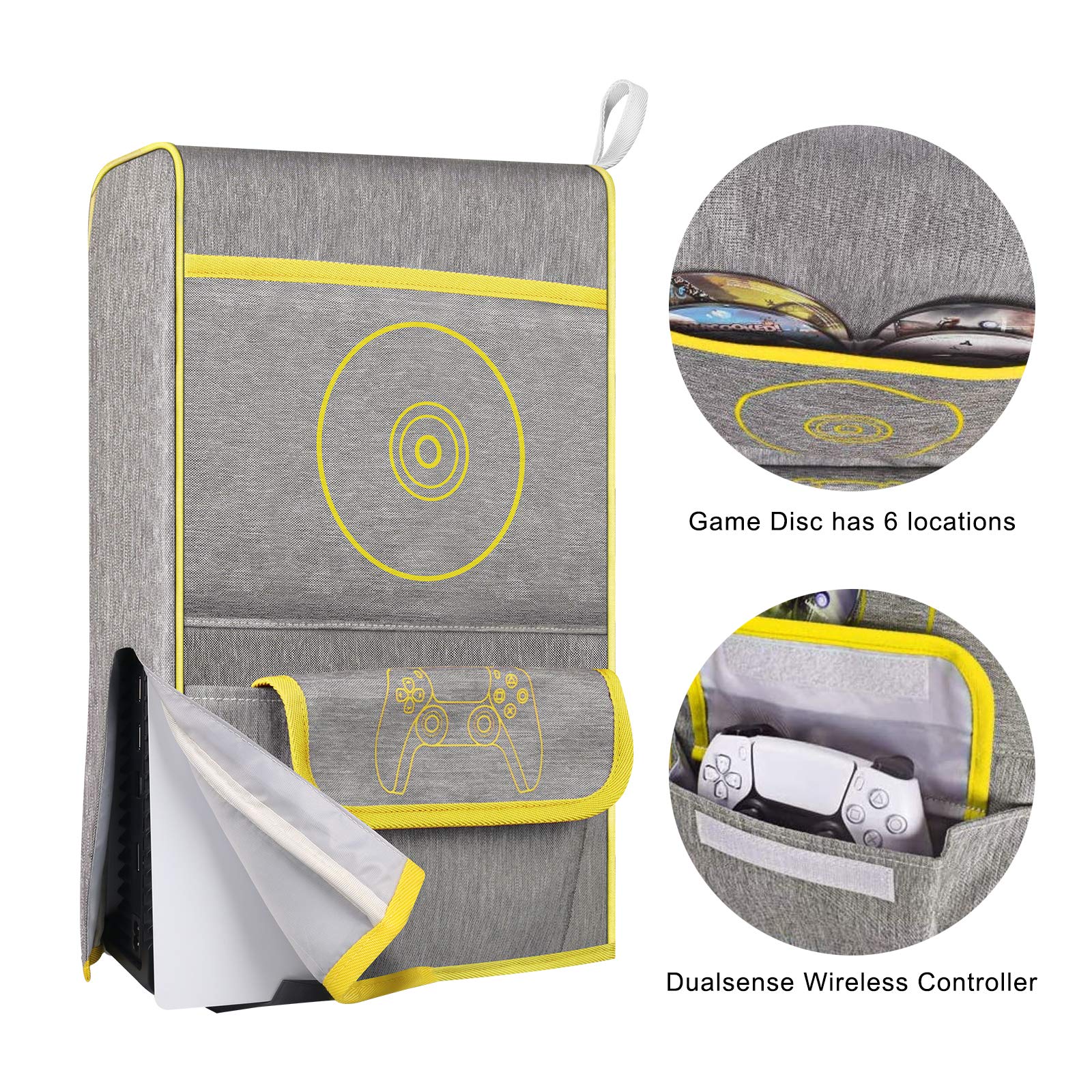 MASiKEN Console Cover - For PS5 Universal Controllers Protective Guard, 12 Pcs Disc Pocket With Easy Access Cable Port, Soft Velvet Linning Dust Cover Protector For ps5 (Yellow)