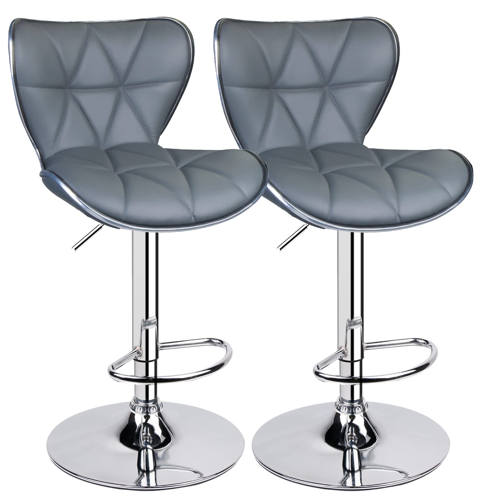 Leopard Shell Back Adjustable Swivel Bar Stools, PU Leather Padded with Back, Set of 2, Grey