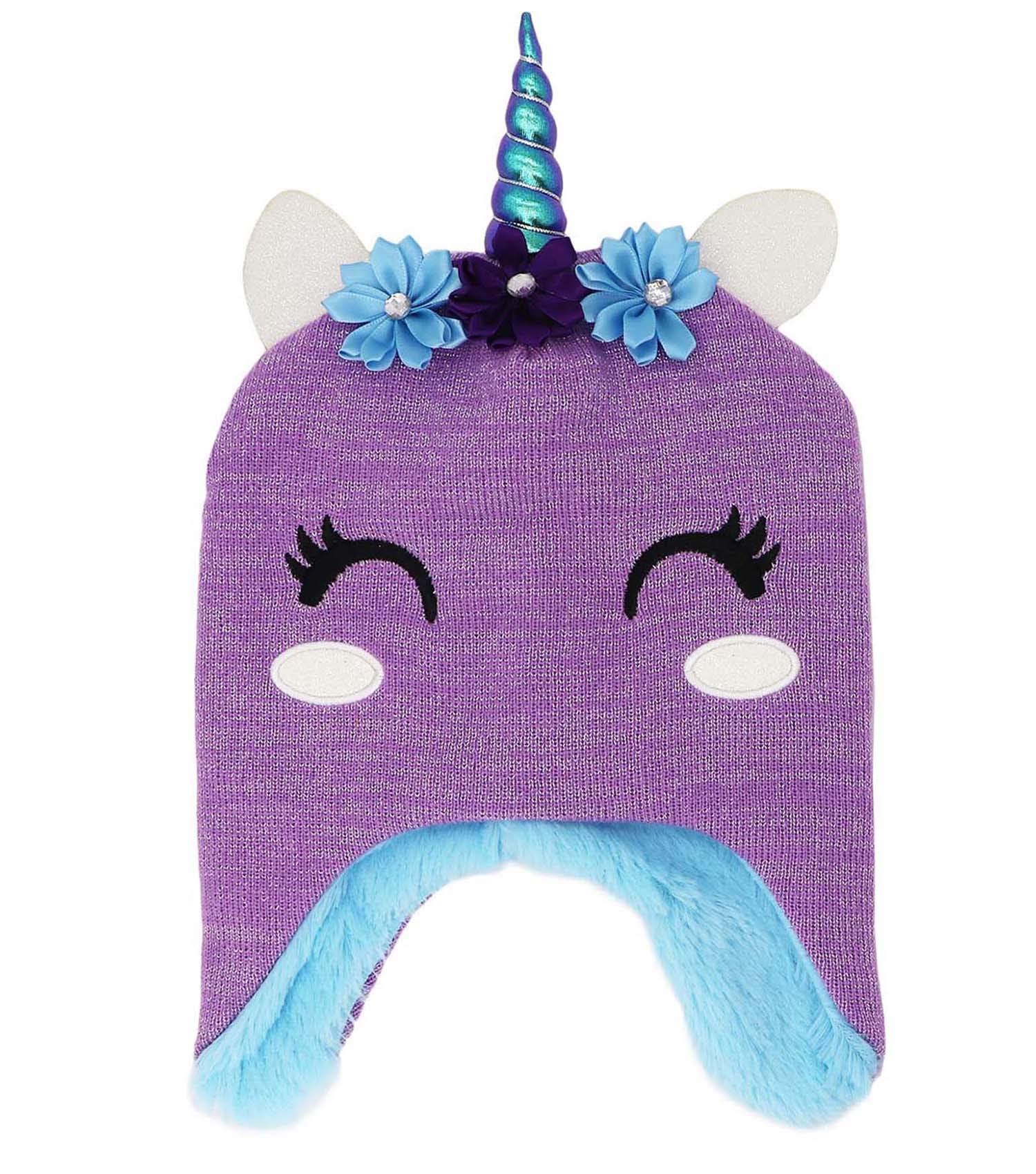 Little Girls Winter Unicorn Beanie Hat and Gloves Set Kids Knitted Earflap Cap Flip Top Mitten Set